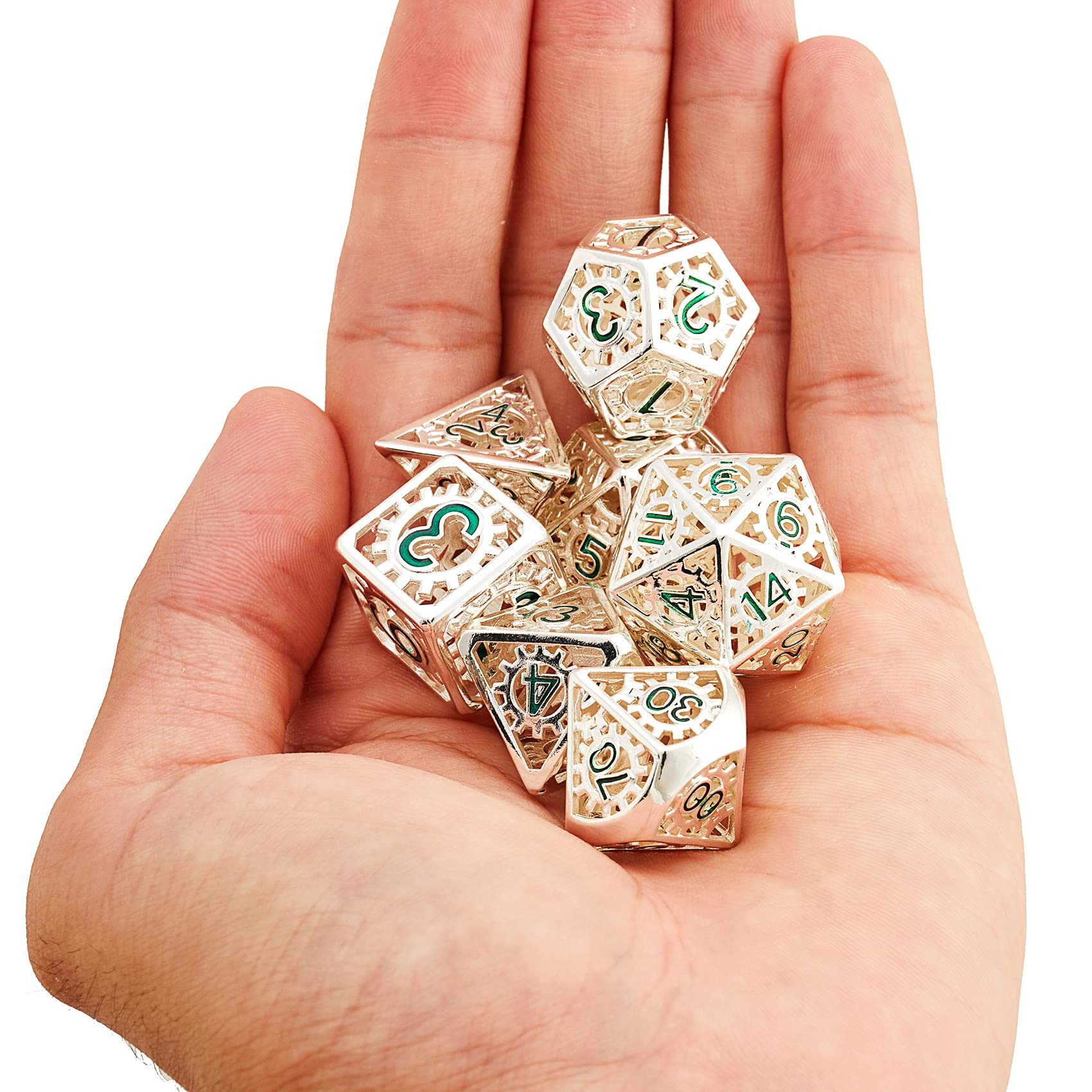 Hollow Metal DND Dice Set of 7 Uniquely Designed Polyhedral D&D Dice Set with Gift Metal Box and Numbers for Dungeons & Dragons RPG Role Playing and Pathfinder Dice Games(White-2)