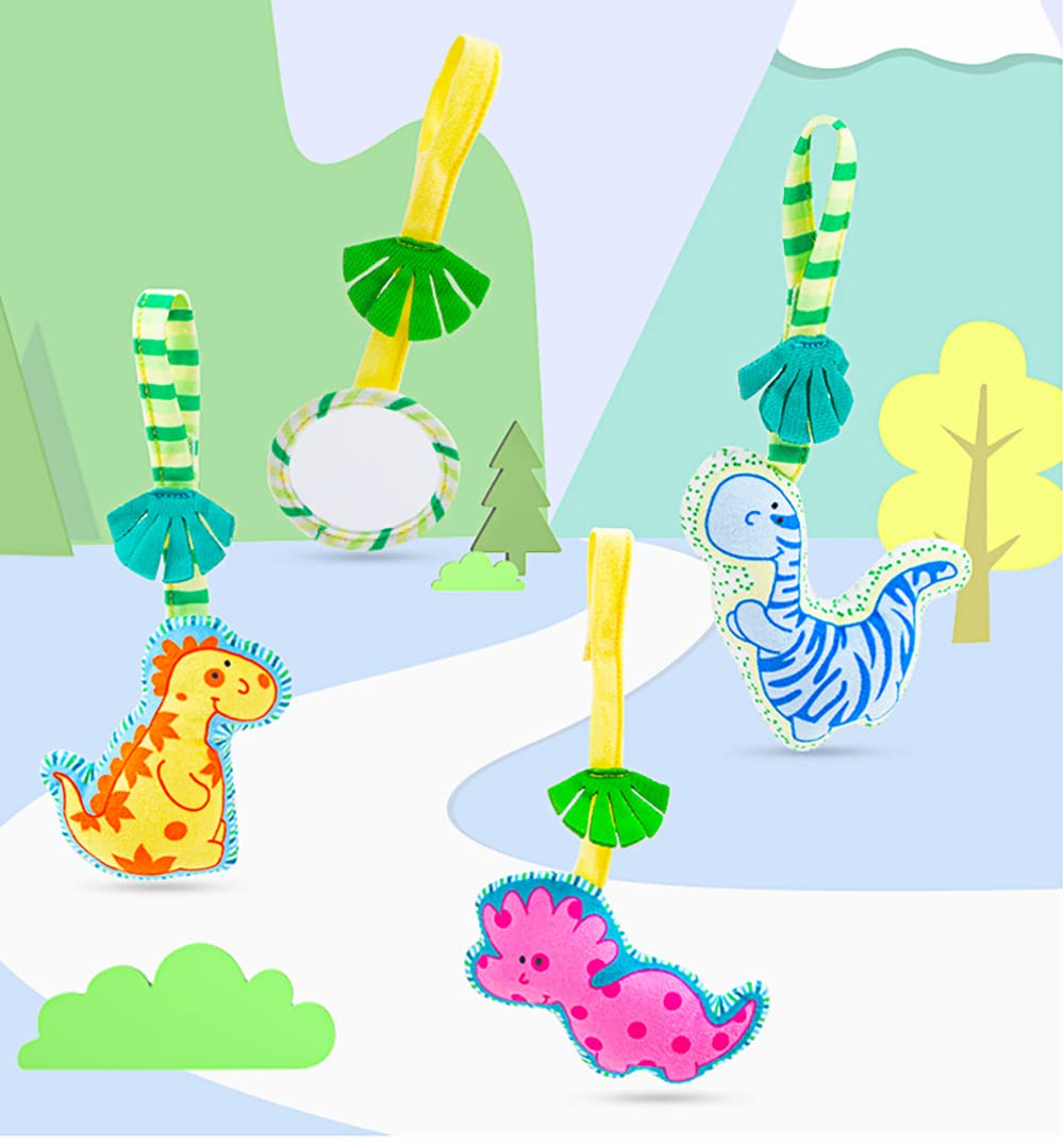 Baby Car Seat Toys for Crib and stroller with squeak and mirror (Dinosaur)
