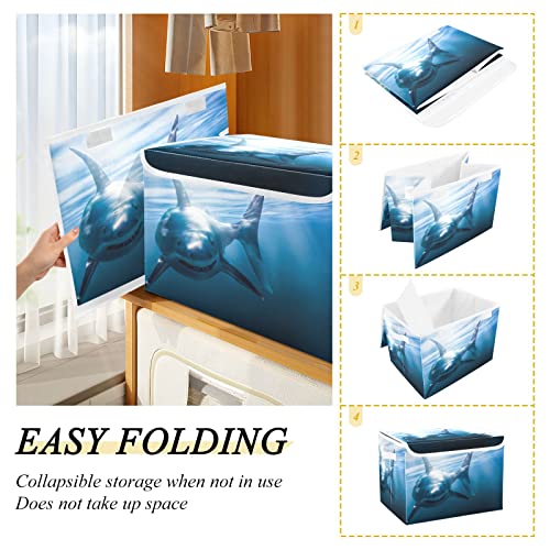 CaTaKu Water Shark Storage Bins with Lids and Handles, Fabric Large Storage Container Cube Basket with Lid Decorative Storage Boxes for Organizing Clothes