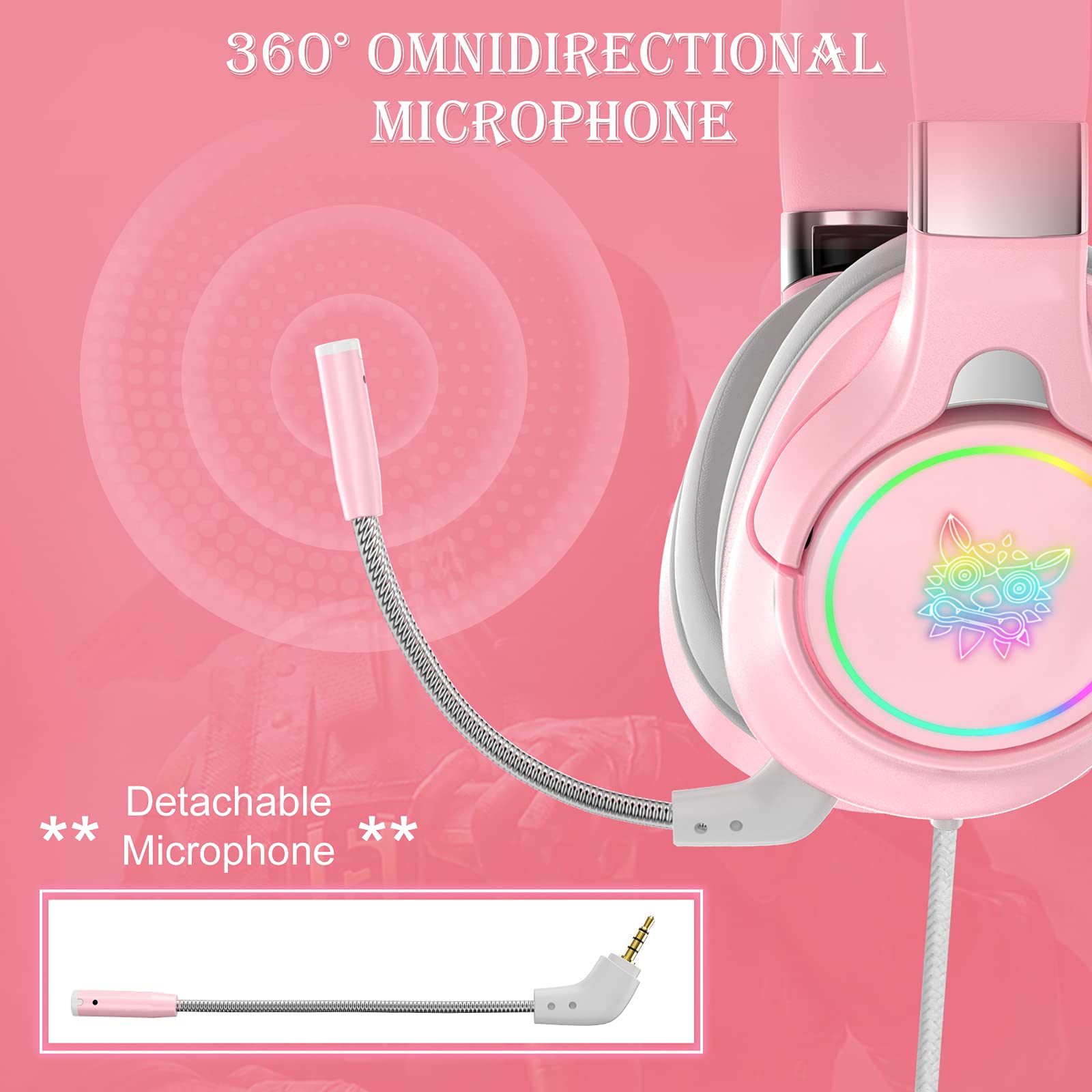 HOLULU Foldable Pink Gaming Headset Compatible with PS5 PS4 PC Mobile Phone Tablet Xbox One(Adapter Not Included), with Detachable Noise Canceling Mic, 3.5mm & USB C Plug, for Adults & Kids