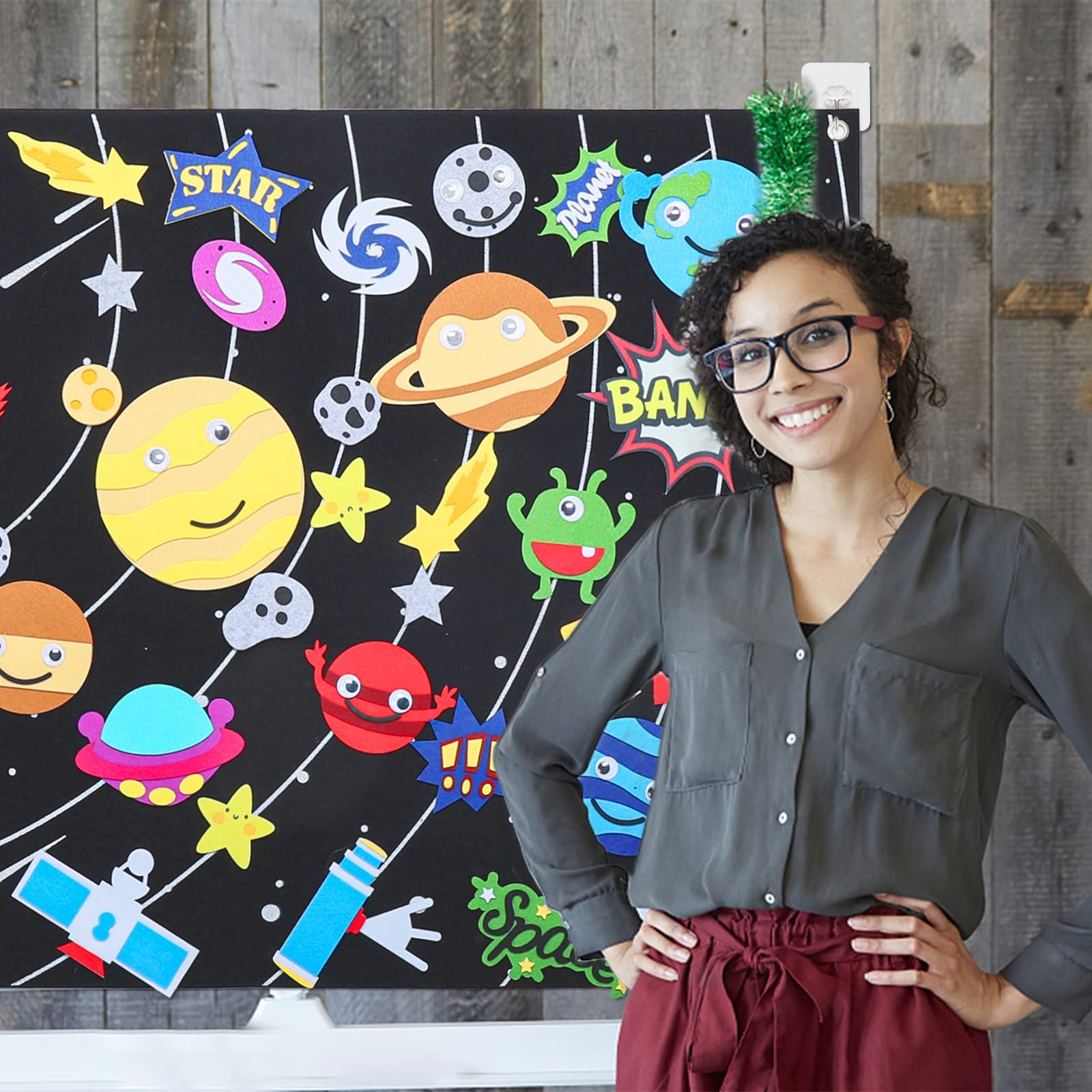 HomeMall 43Pcs Outer Space Felt Board Story Set, 3.5 Ft Toddlers Kids Solar System Universe Learning Storytelling Flannel Board, Rocket Astronaut Planets Galaxy Play Kit with for Boys Girls