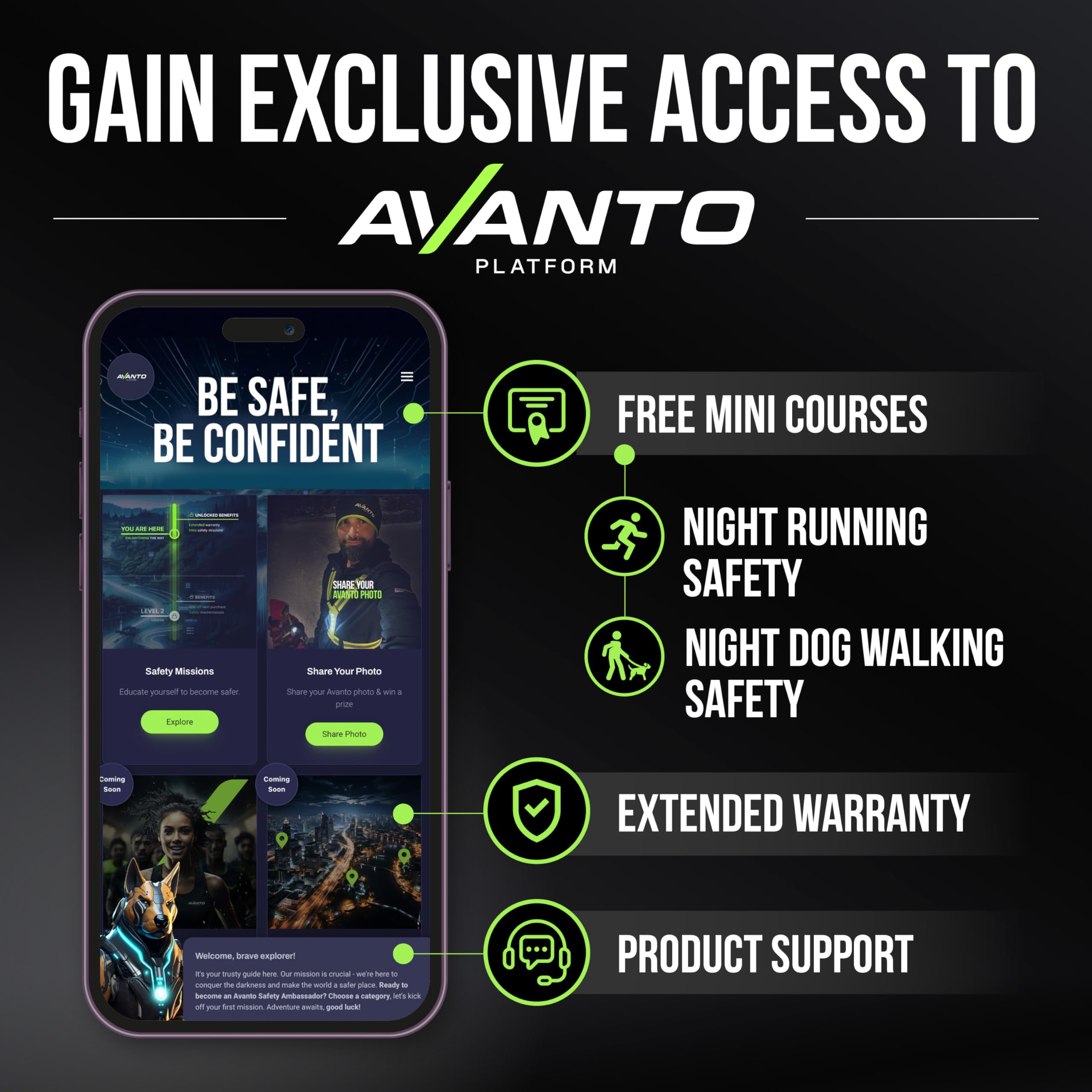 AVANTO LED Reflective Vest, Original, USB-C, High Visibility Safety Vest, Reflective Gear with Free Safety Courses, Running Lights for Runners, Dog Walking, Biking, Motorcycle, Driver