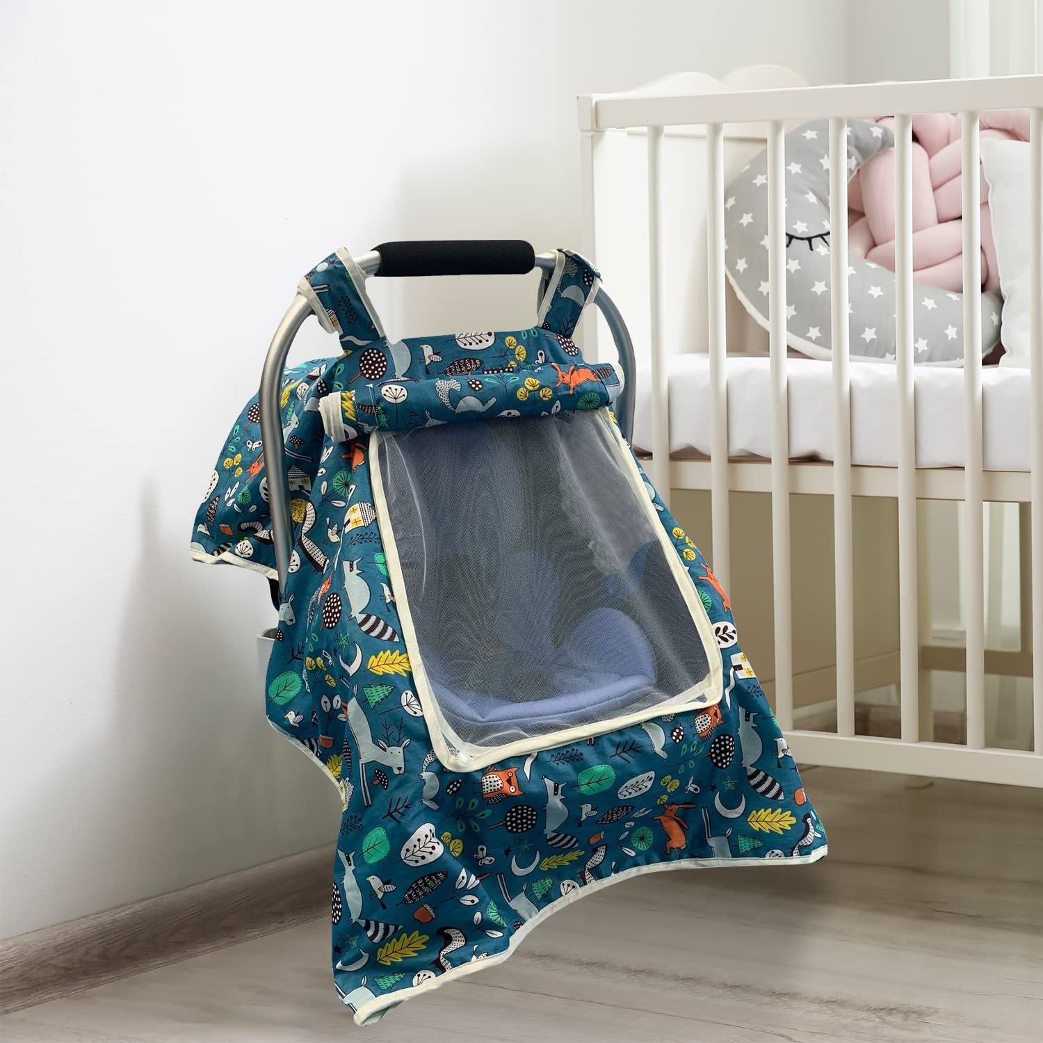 Baby Carseat Cover Boy, Stroller Sun Shade with Net Window, Winter Car Seat Covers for Babies Infant Car Seat Canopy Cover for Full Covering