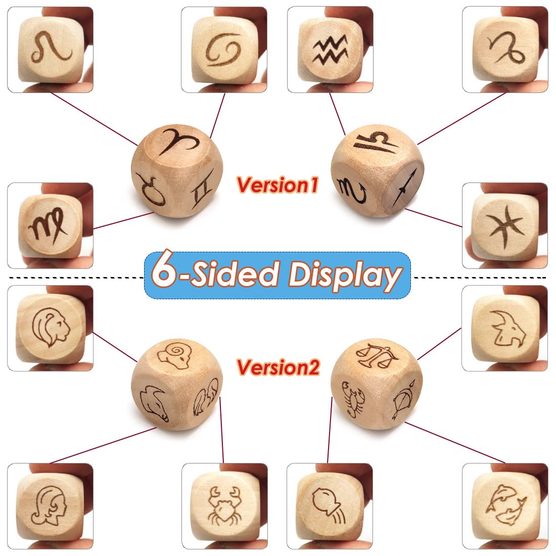Hometu 4Pcs/Set Creative Zodiac Dice Set - 2 Pairs 12 Constellation Symbol Pattern Dices for Game Divination Accessory (Version1+Version2)