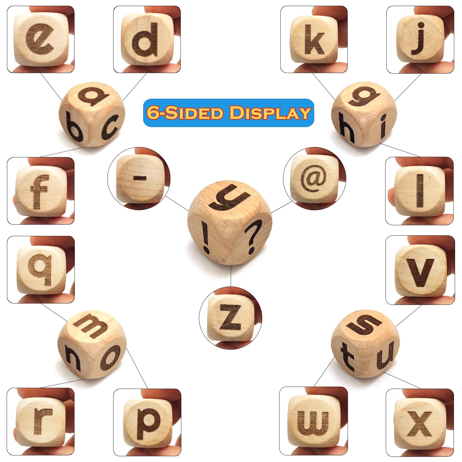 Hometu 5Pcs/Set 20MM Wooden Letter Dice Set, 6-Sided English Letter Pattern Engraved Wood Rolling Dices with Linen Bag, Yellow