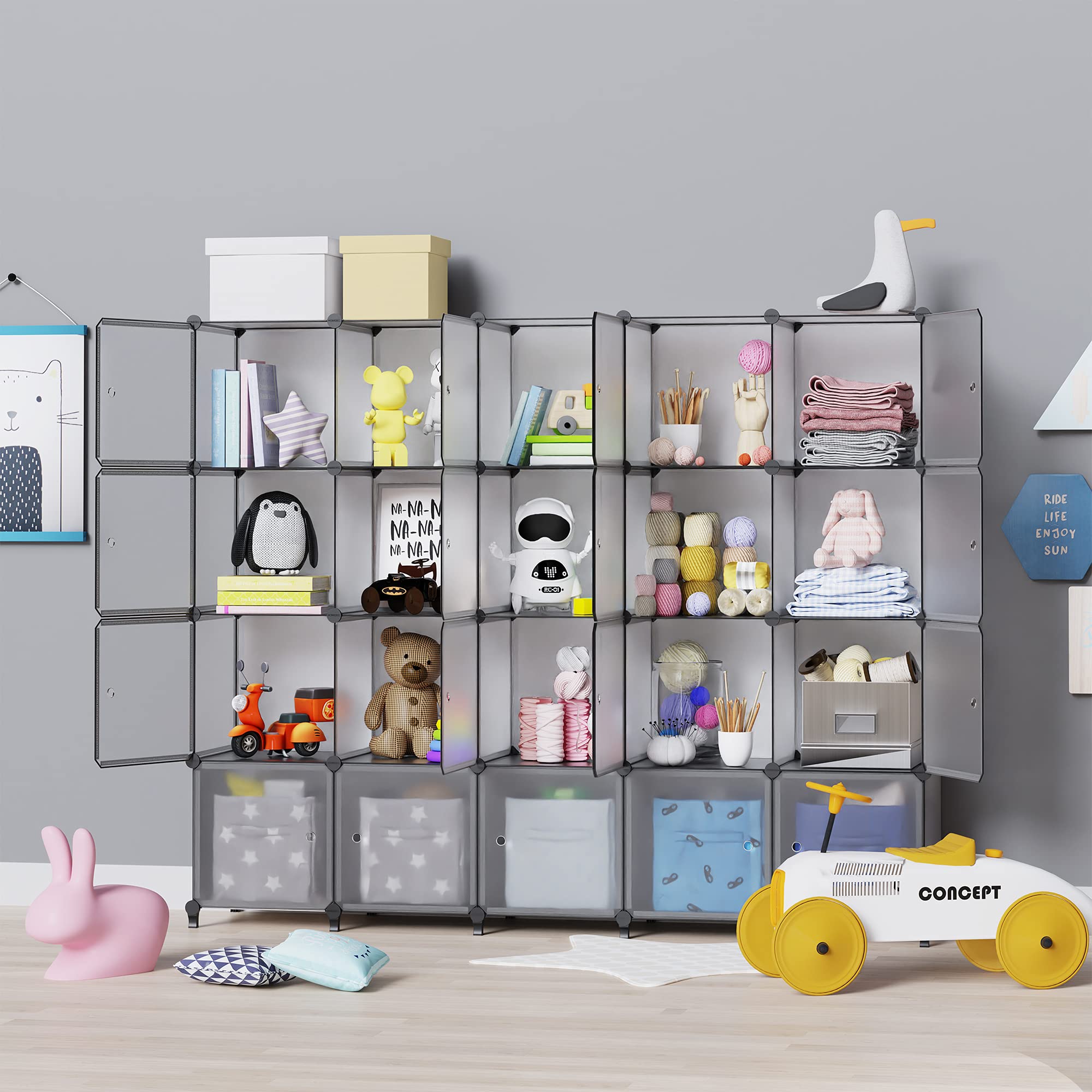 HOMIDEC Cube Storage Organizer, Heavy Duty Portable Closet Wardrobe with Door, 58in Large Closet Organizers and Storage with Hanging Rod for Clothes Yarns Toys Books Tools(20 cube grey)