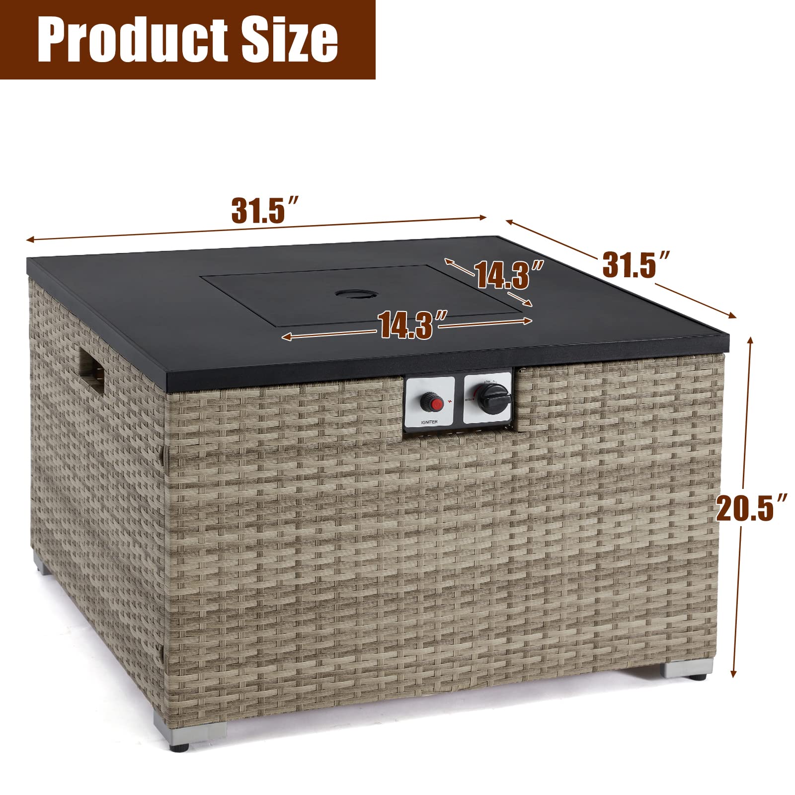 AVAWING 32in Square Fire Pit Table,40,000BTUs Wicker Propane Gas Firepit Table 2 in 1 Fireplace Table Outdoor Fire Tables for Outside Patio Backyard W/Lid and Lava Stone, Grey