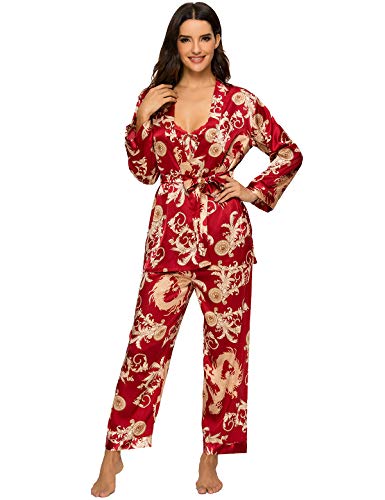 Escalier Women's Silk Satin Pajamas Set 3 Pcs Floral Silky Pj Sets Sleepwear Cami Nightwear with Robe and Pants Wine M
