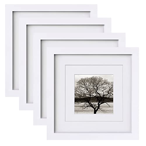 Egofine 8x8 Picture Frames 4 PCS - Made of Solid Wood Covered by Plexiglass for Table Top Display and Wall Mounting Photo Frame for Pictures 4x4/6x6 with Mat White