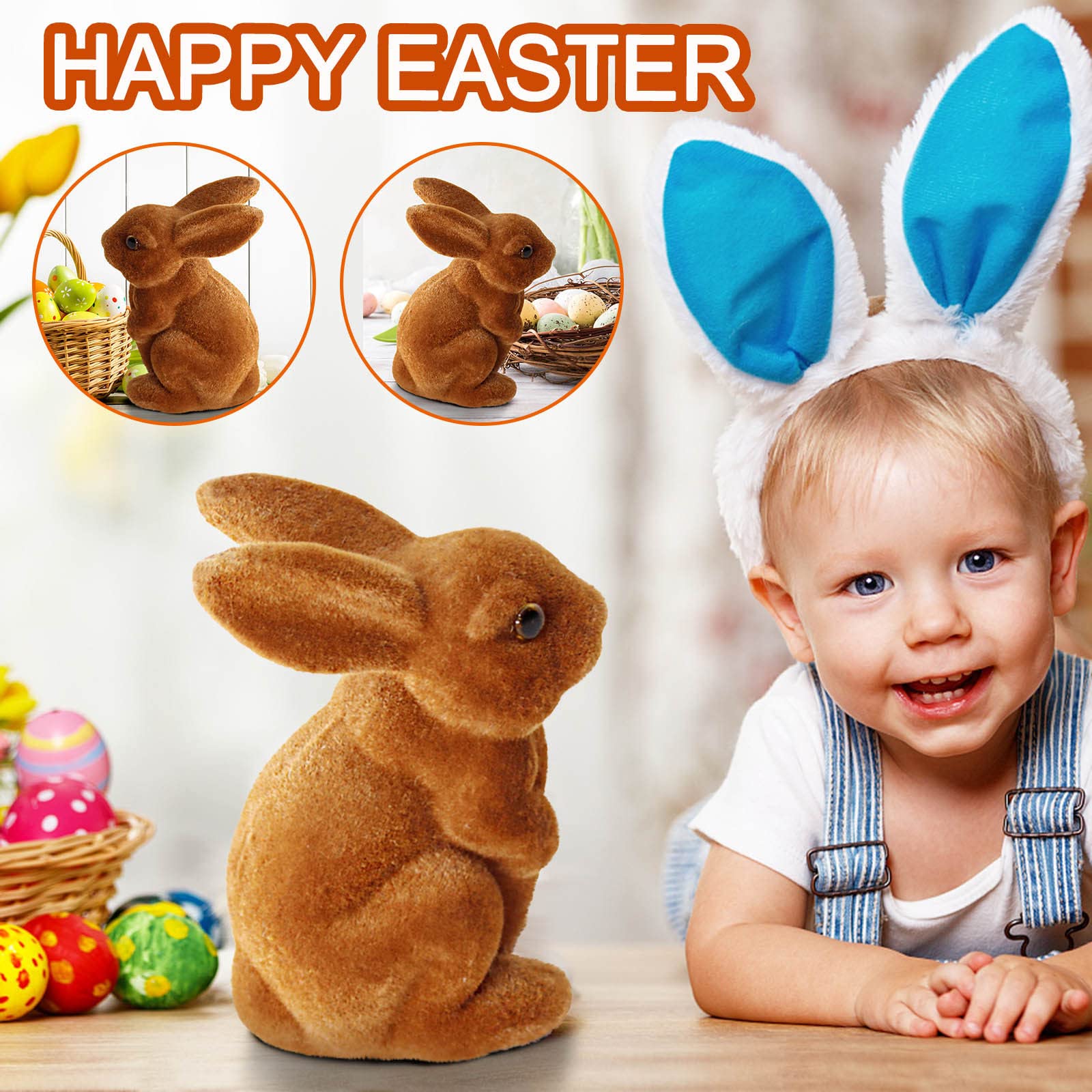 Miaaim Easter Artificial Moss Bunny Furry Flocked Standing Rabbit Miniatures Figurine Easter Table Ornament Holiday Party Decoration Garden Fairy Decor Yard Lawn Spring Ornament