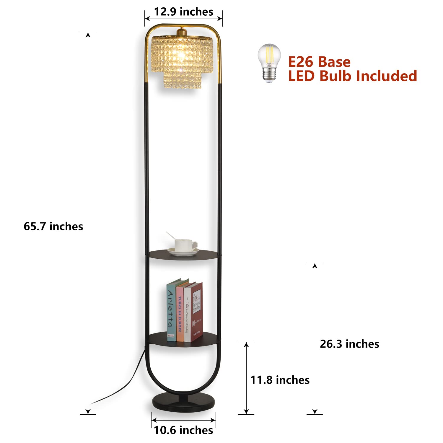 beaysyty Modern Elegant with Double Tray Crystal Floor Lamp for Office Cafe Den Living Room Bedroom,Foot Switch and Black Finish,Crystal Lampshade Arc Floor Lamp