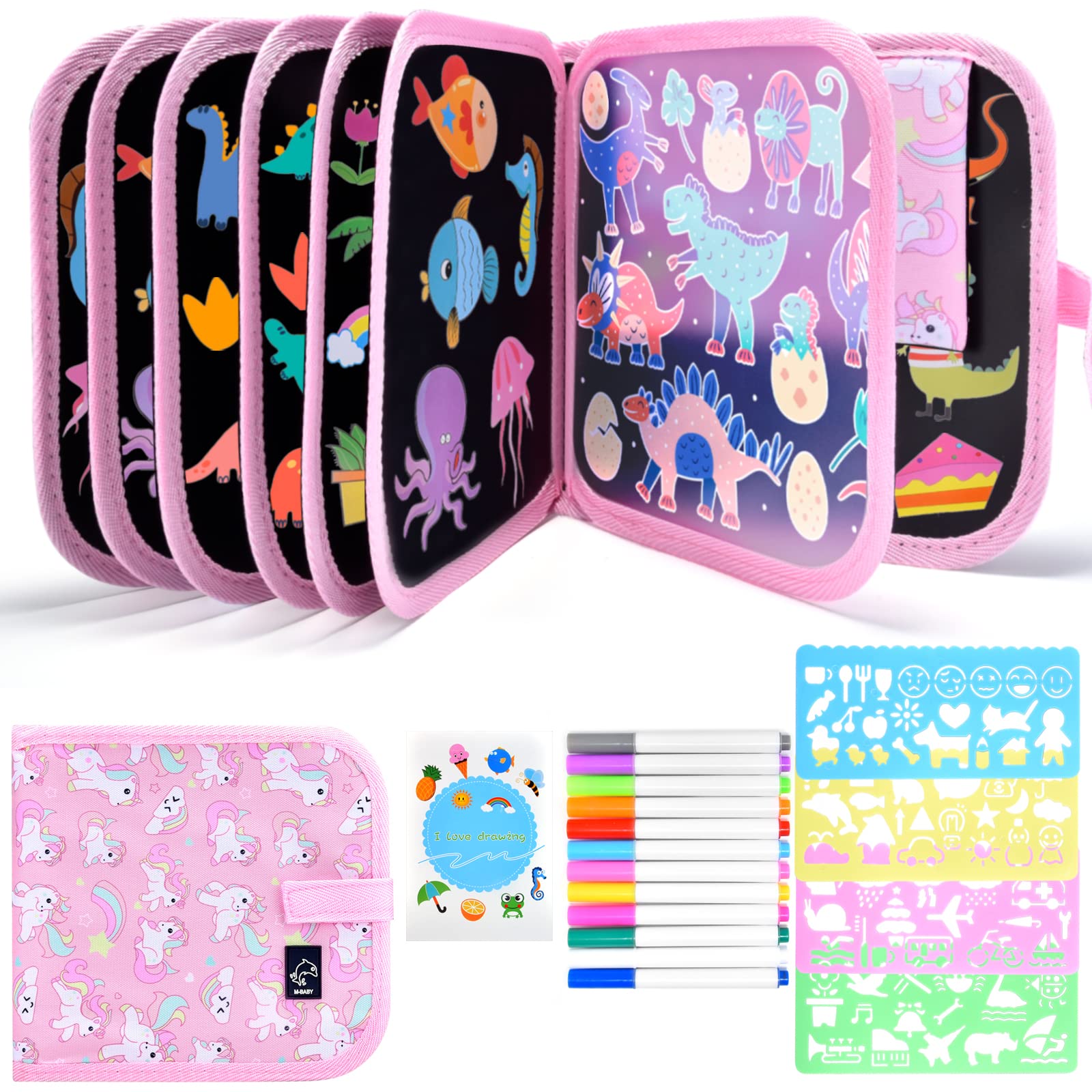 Miavogo Kids Erasable Doodle Book Set, Reusable Drawing Pad with 4 Page Coped Pattern & 12 Watercolor Pens, Preschool Travel Art Toy Scribbler Board for Road Trip Car Games Activities