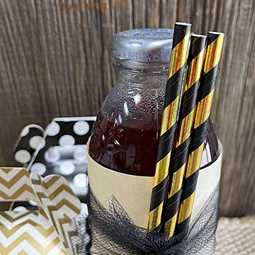 Black and Gold Foil Paper Drinking Straws - Stripe and Solid - 7.75 Inches - 100 Pack - Outside the Box Papers Brand