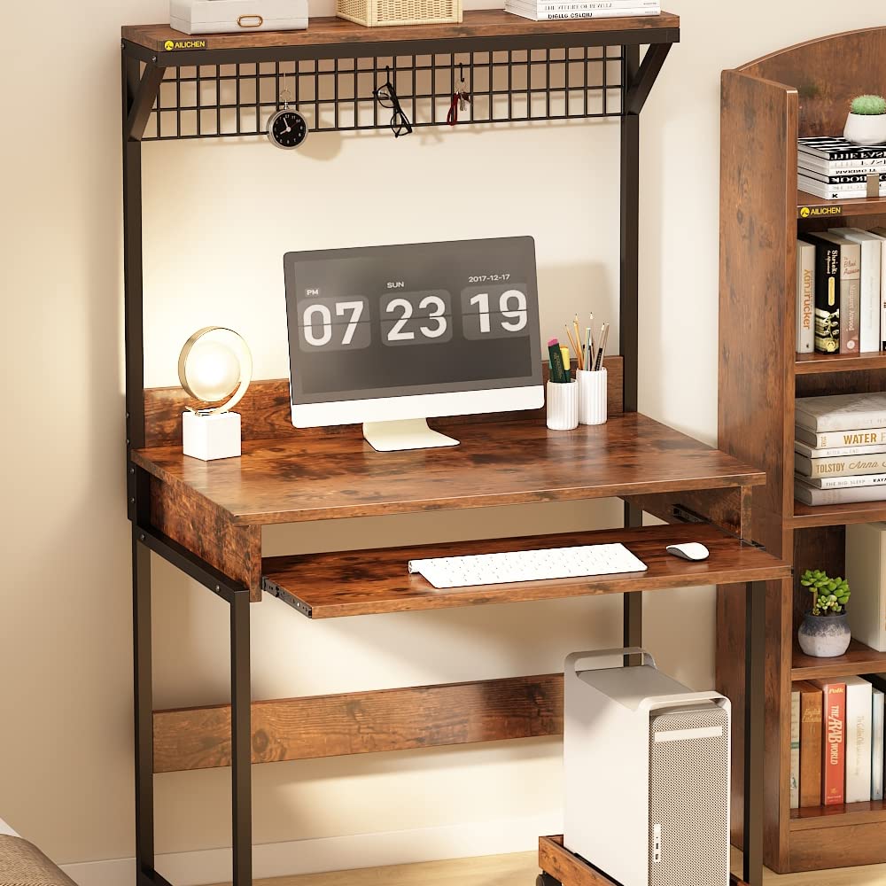 ALISENED Computer Desk with Hutch and Keyboard Tray,31.5 inches Home Office Desk with Space Saving Design,Writing Desk with PC case Stand for Study Writing Work for Small Spaces