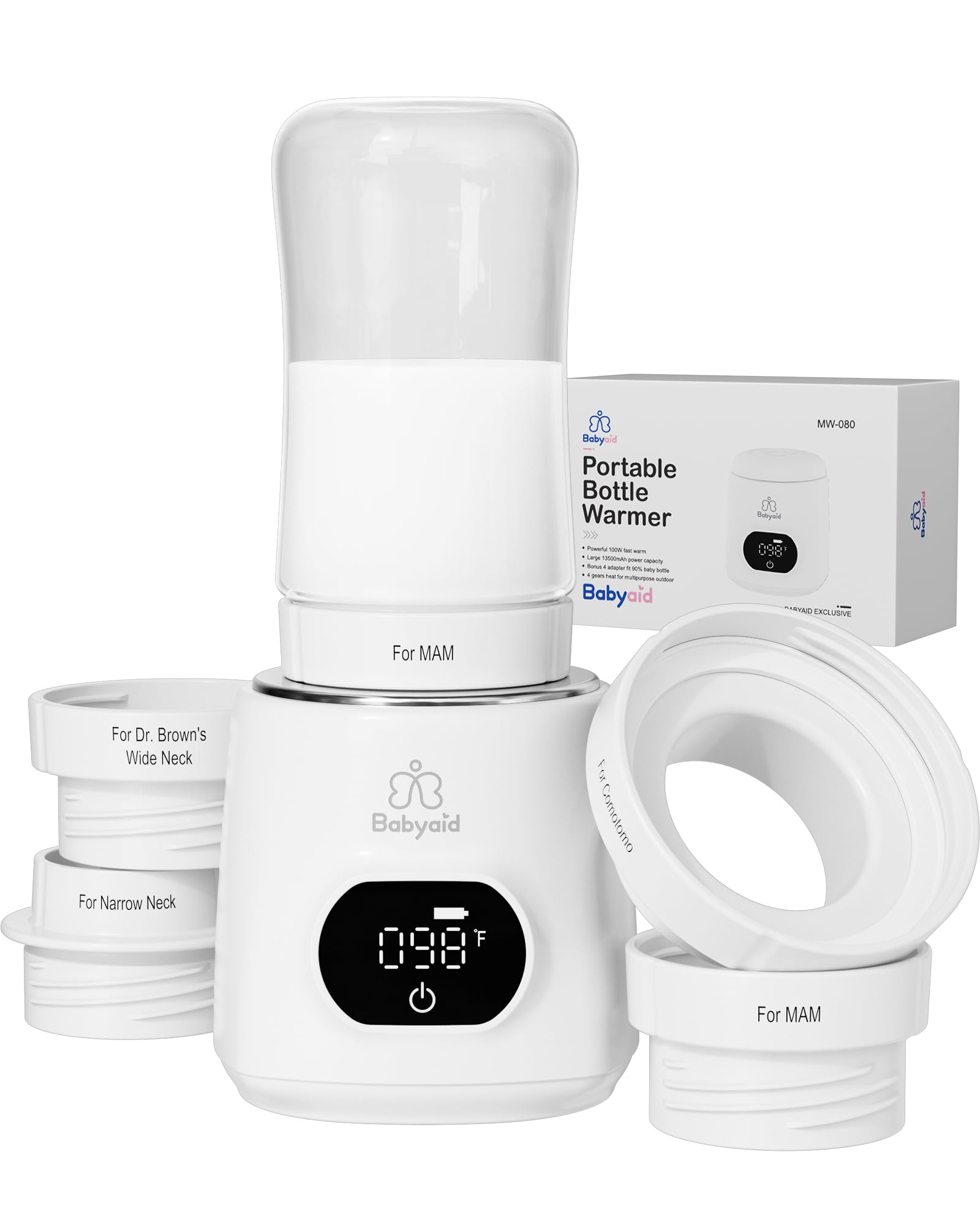 Babyaid Portable Bottle Warmer, Fast Heating Bottle Warmer with 4 Adapters, 4 Gears Temperature Smart Control Bottle Warmer, Cordless Trval Baby Bottle Warmer for Breastmilk or Formula, Pearl White