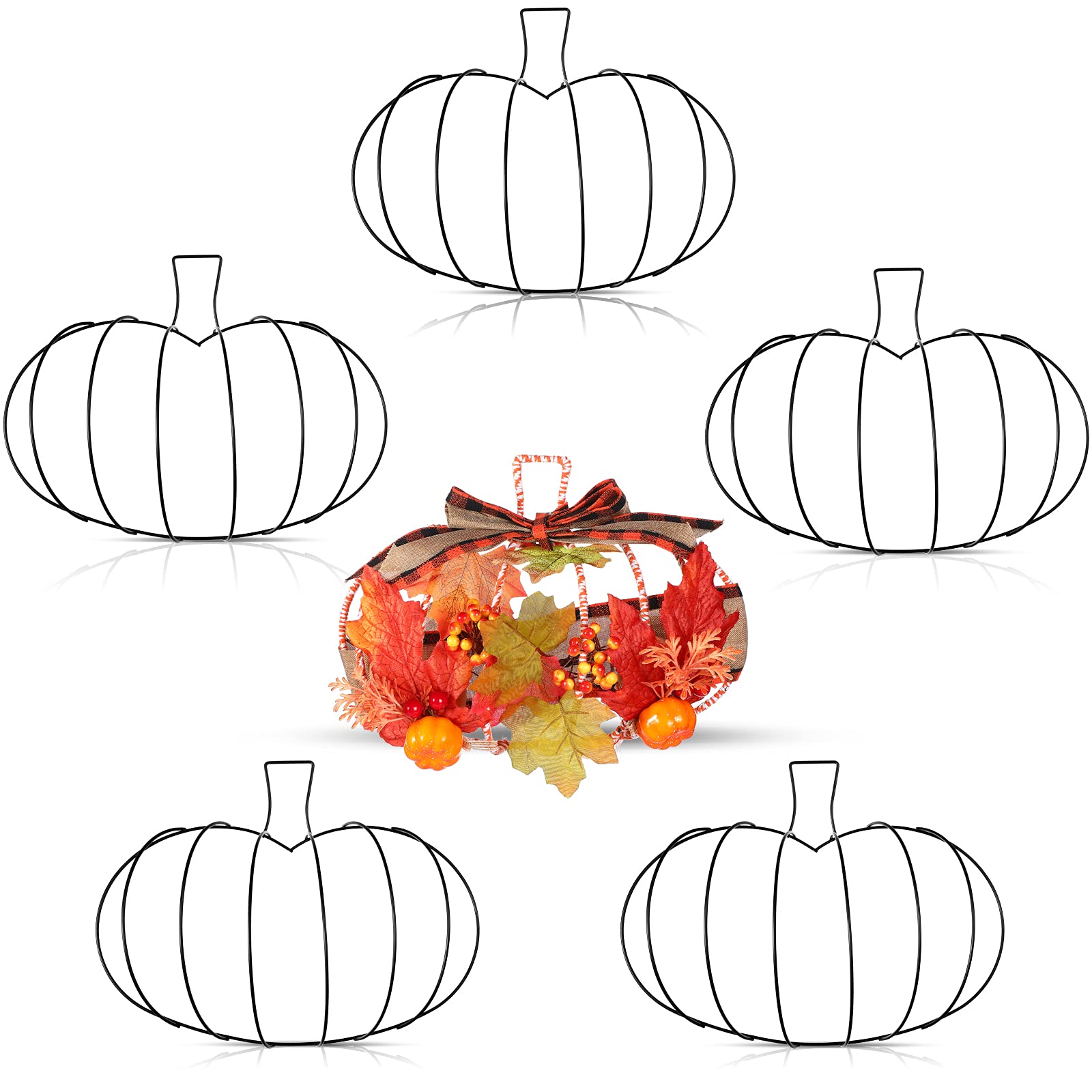 Hotop Autumn Pumpkin Shaped Metal Wreath Form Thanksgiving Wire Floral Wreath Frame Halloween 3D Pumpkin Wreath for Indoor Outdoor Garden Porch Home Kitchen Farmhouse DIY Craft Decorations(5 Pieces)