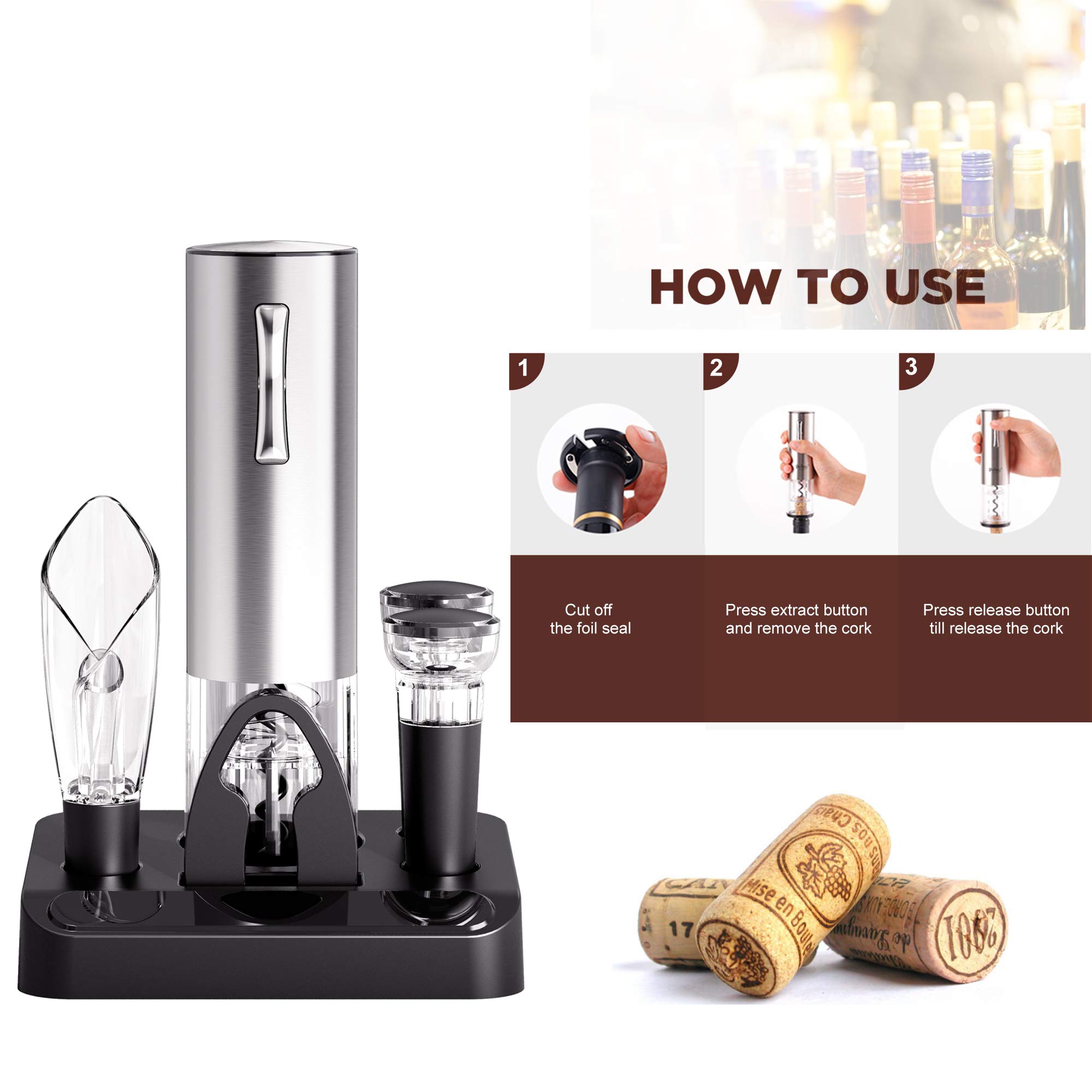 COKUNST Electric Wine Opener Set with Stand, USB Charging Corkscrew Remover, One-click Button Rechargeable Cordless Bottle Openers with Wine Pourer, Vacuum Stoppers, Foil Cutter for Home Party Wedding