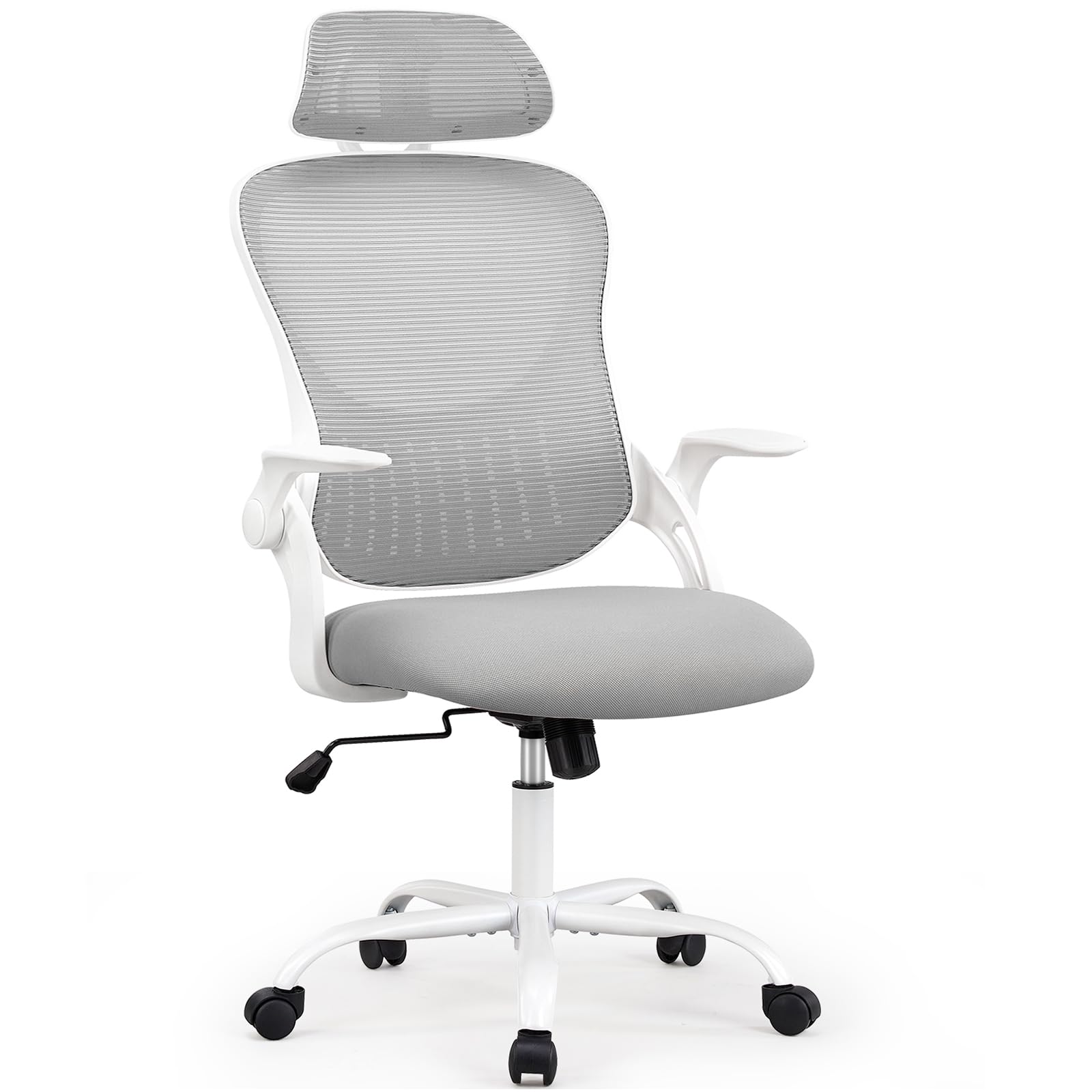 OLIXIS Ergonomic Office High-Back Mesh Computer Desk Wheels, Adjustable Headrest and Flip-Up Arms, Swivel Comfy Padded Rolling Task Chairs for Home Study Bedroom Gamer, Grey, 26.69 x 25.39 x 52.95