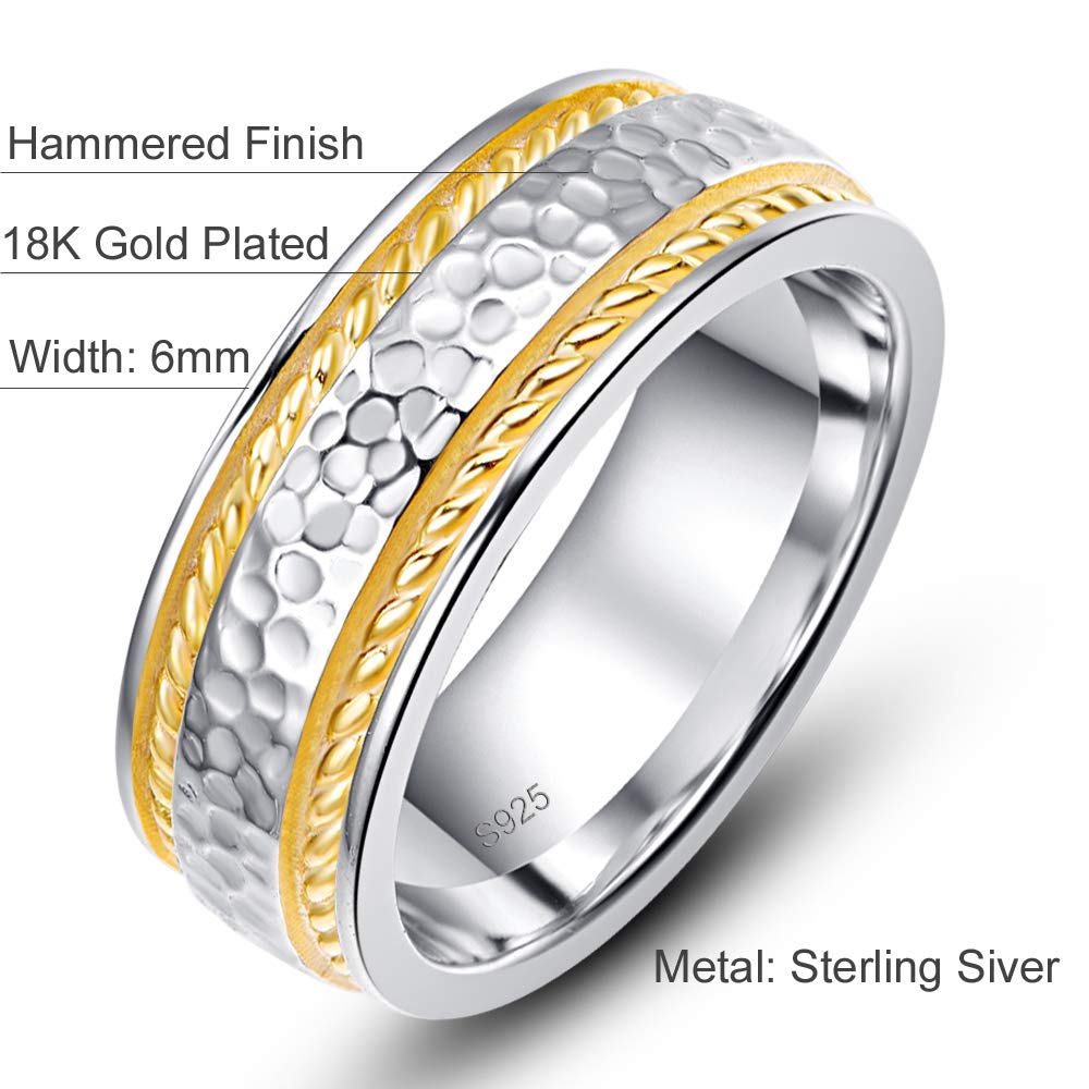 AVECON 6MM Wedding Band for Men 925 Sterling Silver 18K Gold Plated Hammered Engagement Unisex Rings Size 12
