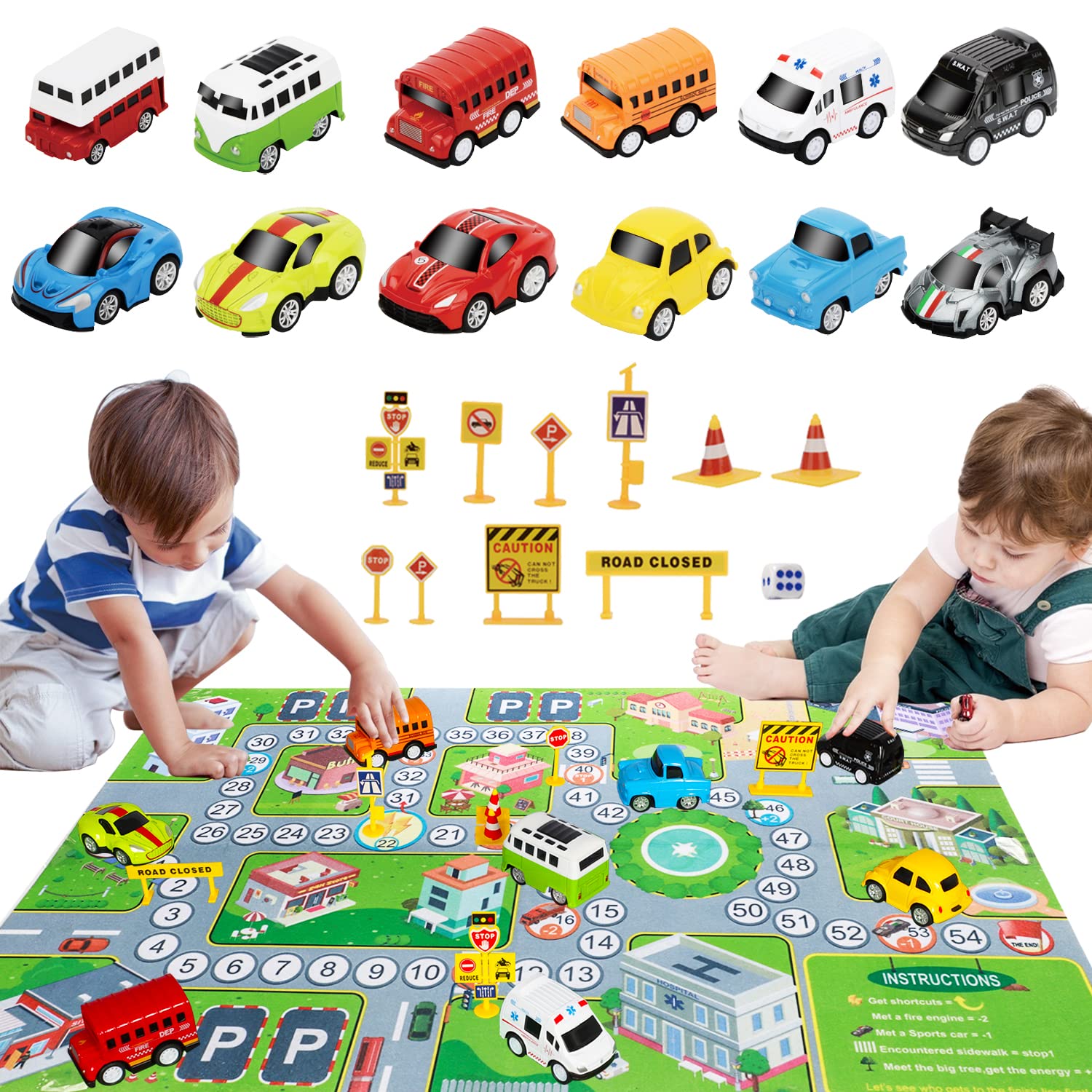 Hot Toddlers Toys with Playmat 12 Pack Die-Cast Pull Back Cars Toys Wheels Vehicles Cars for Toddlers 1-3