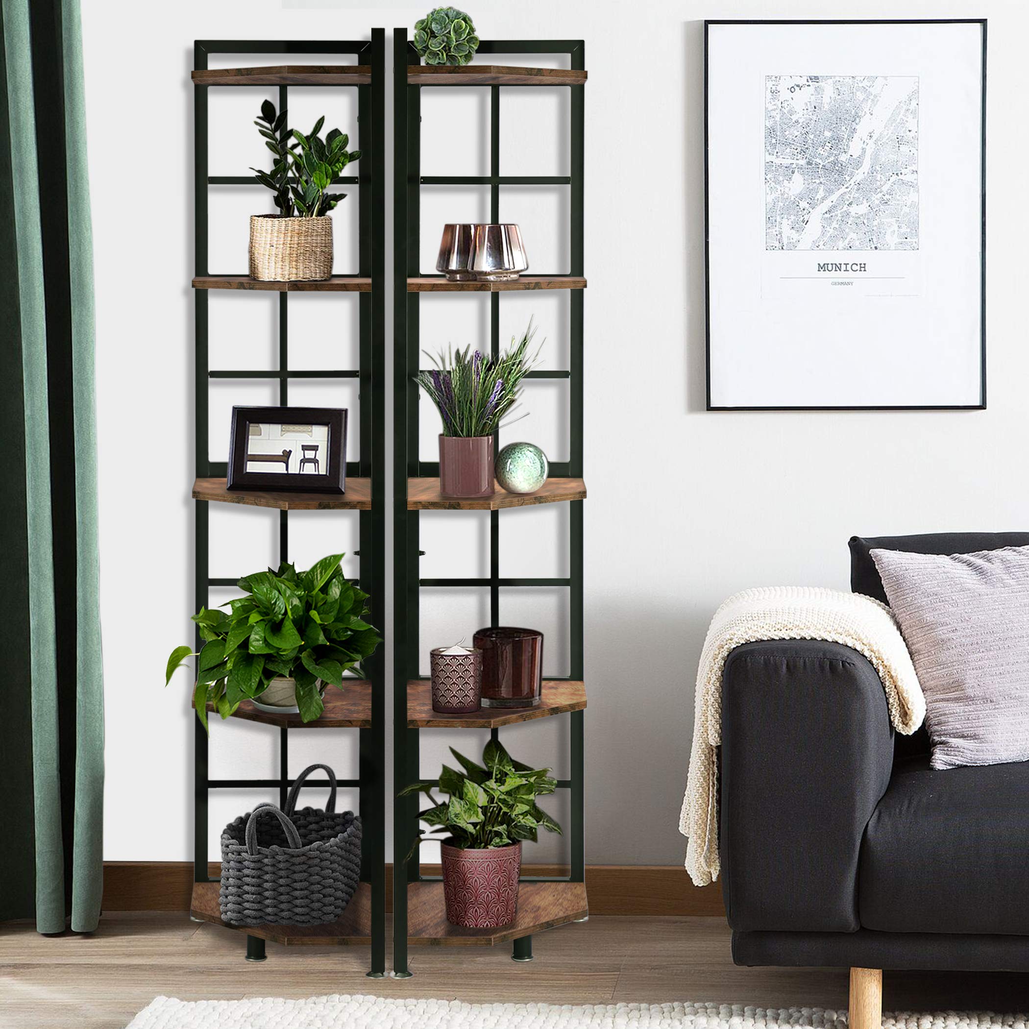 Becko US Corner Bookshelf 5 Tier Industrial Corner Shelf Corner Bookcase Plant Stand Storage Rack Display Rack for Home Office (Rustic Brown)