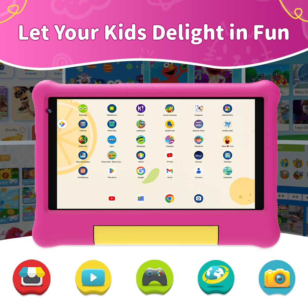 ApoloSign Kids Tablet with Case 7-inch Android 13 tablet for kids, 32GB, Parental Control, WiFi, Bluetooth, Educational Apps Latest Upgrade (Pink)