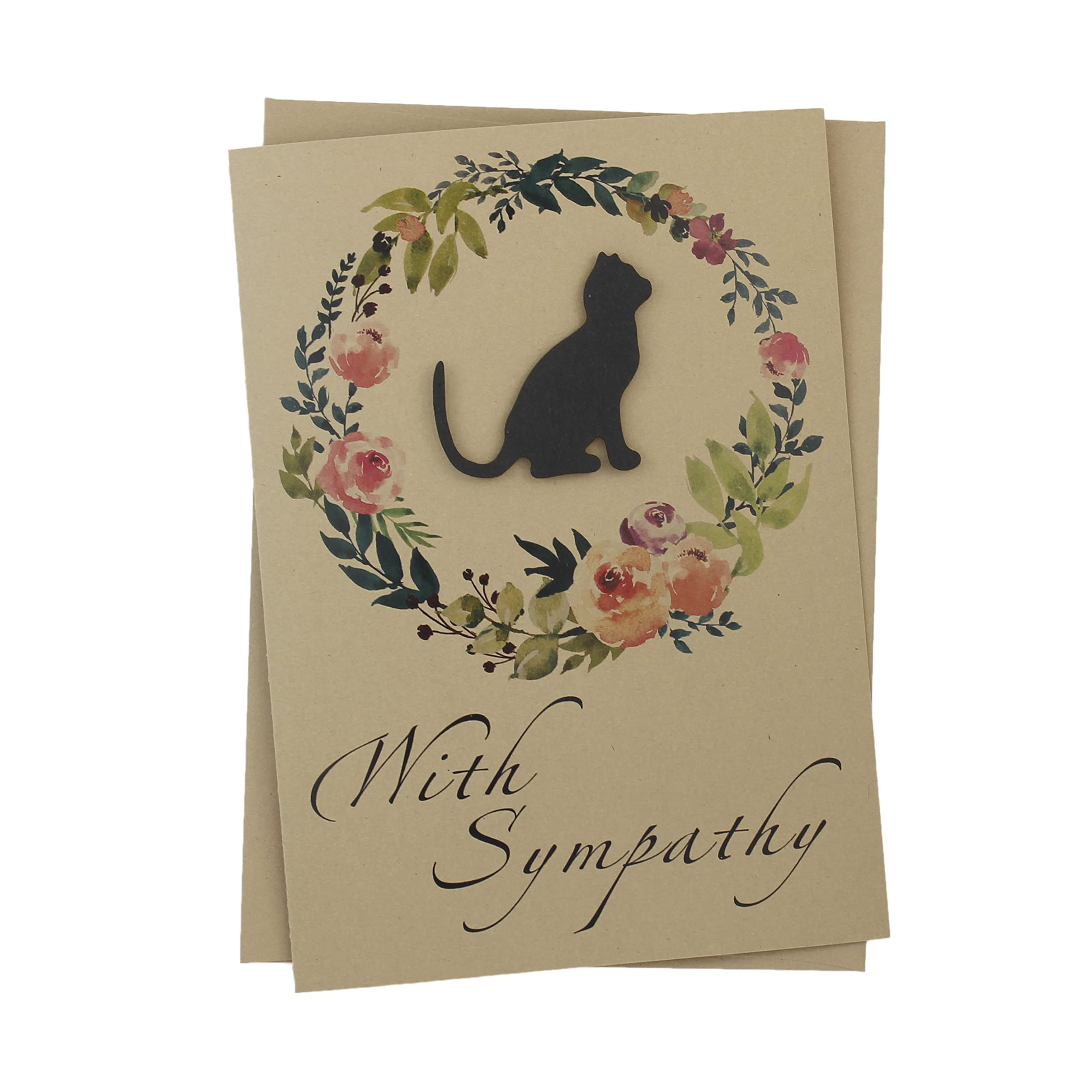 Black Cat Floral Wreath Sympathy Card | Handmade 5x7 Pet Condolences Greeting | Kraft Brown Watercolor Wreath