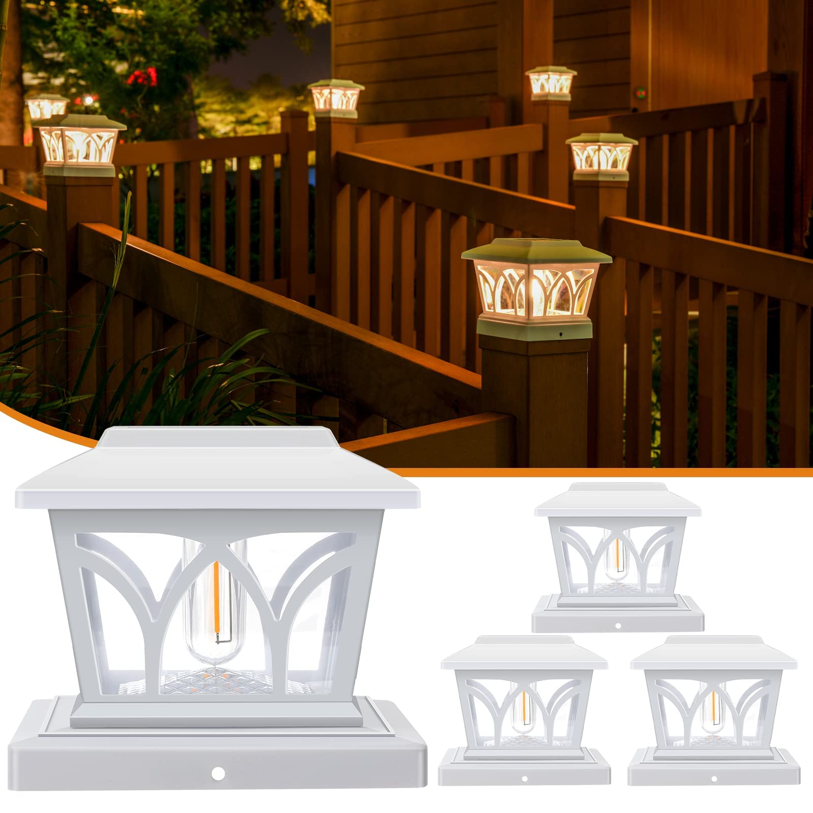 APONUO Solar Post Cap Lights Filament 1000mAh,4x4 Post Solar Lights 2 Brightness Levels 8/16LM Waterproof Solar Fence Post Lights for 4x4,6x6 Posts Caps Wood,4x4 Vinly Post Caps,White,4 Pack