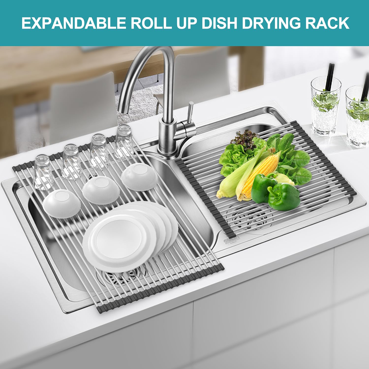 BBXTYLY Extra Large Expandable Roll Up Dish Drying Rack,Over The Sink Drying Rack Sink Cover Kitchen Sink Accessories Kitchen Rolling up Stainless Steel Drainer, Foldable,Rollable(Black,25.1''-17.3'')