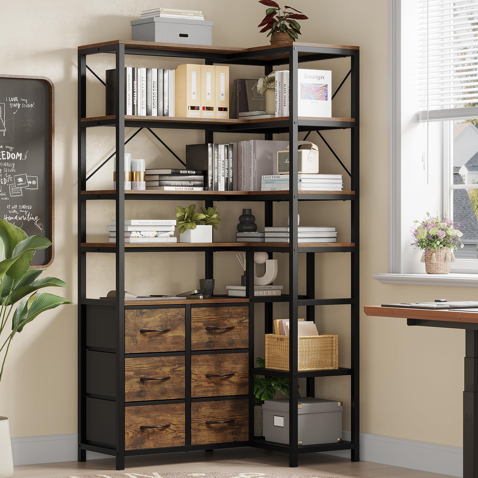 BTHFST Corner Bookshelf with 6 Fabric Drawers, Convertible Tall Bookcase 7 Tier, Industrial Book Shelf with Metal Frame, Wide Bookshelves for Living Room Home Office, Rustic Brown & Black
