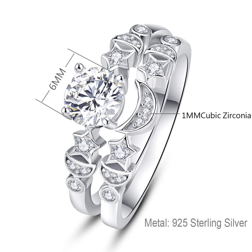 AVECON Star Moon Design Sterling Silver Engagement Ring Set Anniversary Promise Eternal Ring