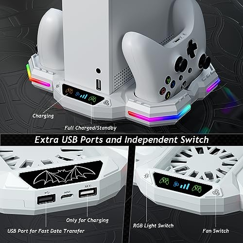 Cooling Stand with Controller Charging Station for Xbox Series S, ZAONOOL Dual Charger Dock & Cooling Fan for Console Accessories with 13 RGB LED Light, 2*Rechargeable Battery, Headset Hook & USB Port