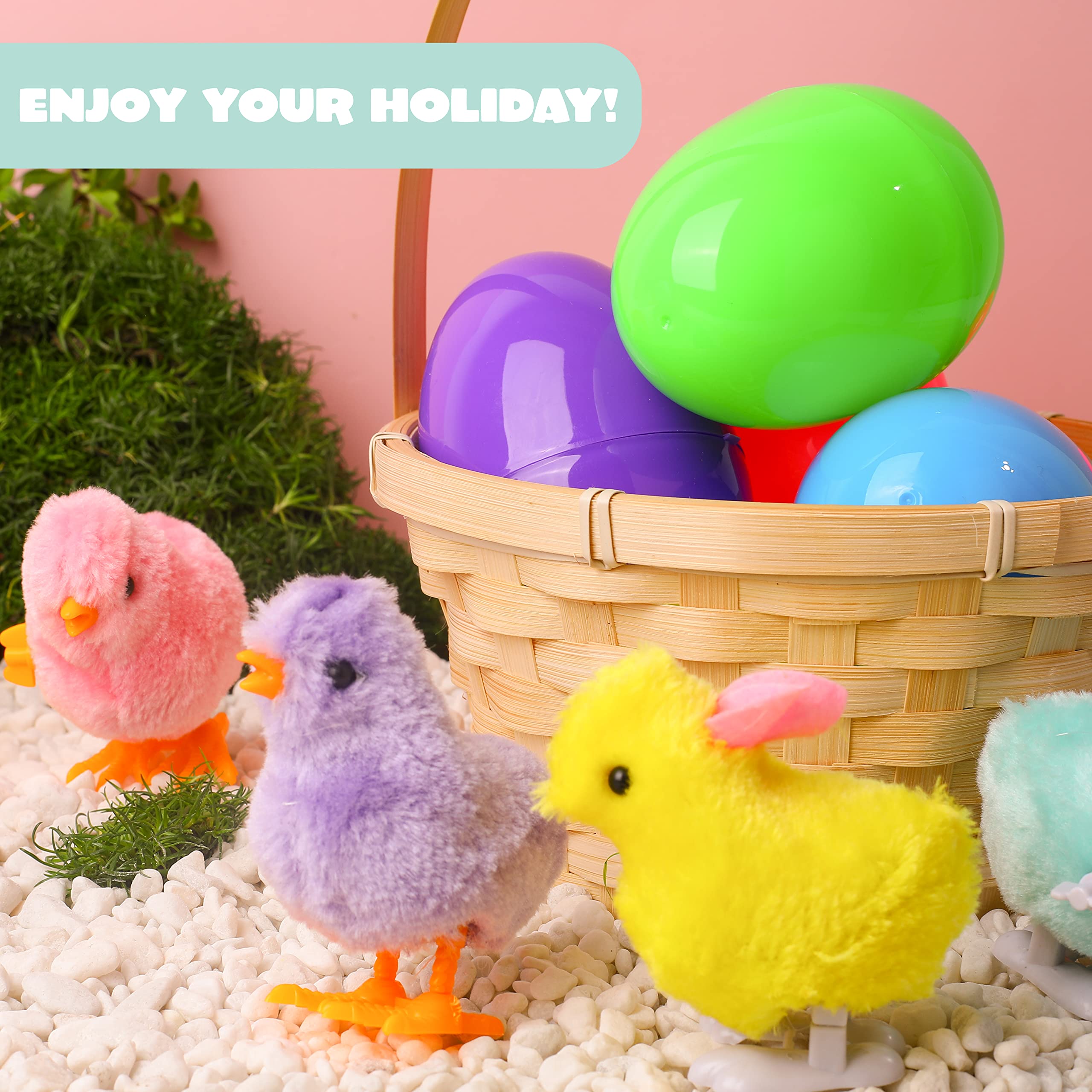 JOYIN 12 Pcs Easter Eggs Filled with Wind-up Toys, Colorful Egg Wind-Up Jumping Chicks and Bunnies for Kids Basket Stuffer, Hunt, Party Favors, Classroom Prize