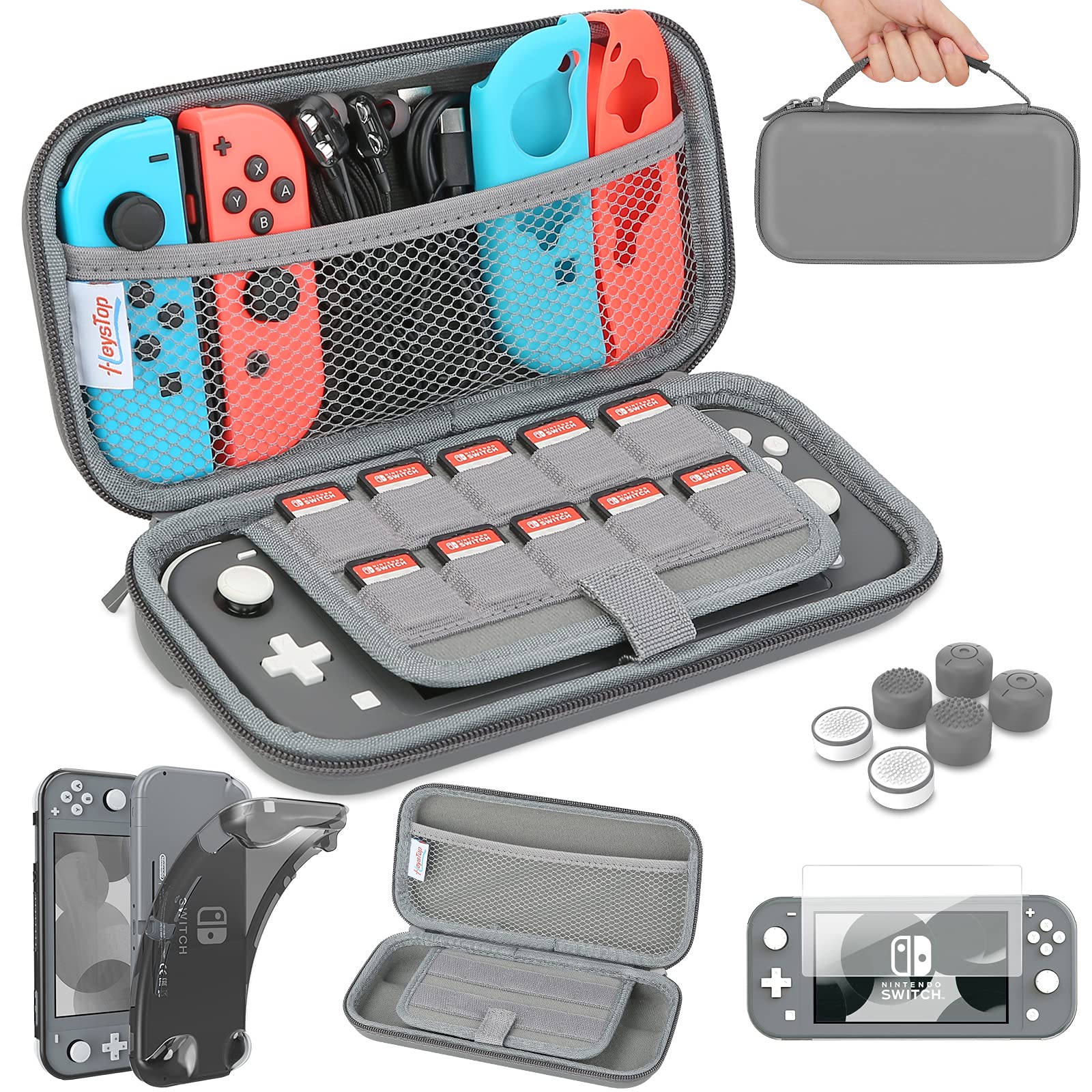 HEYSTOP Compatible with Switch Lite Carrying Case, Switch Lite Case with Soft TPU Protective Case Games Card 6 Thumb Grip Caps for Nintendo Switch Lite Accessories Kit(Grey)