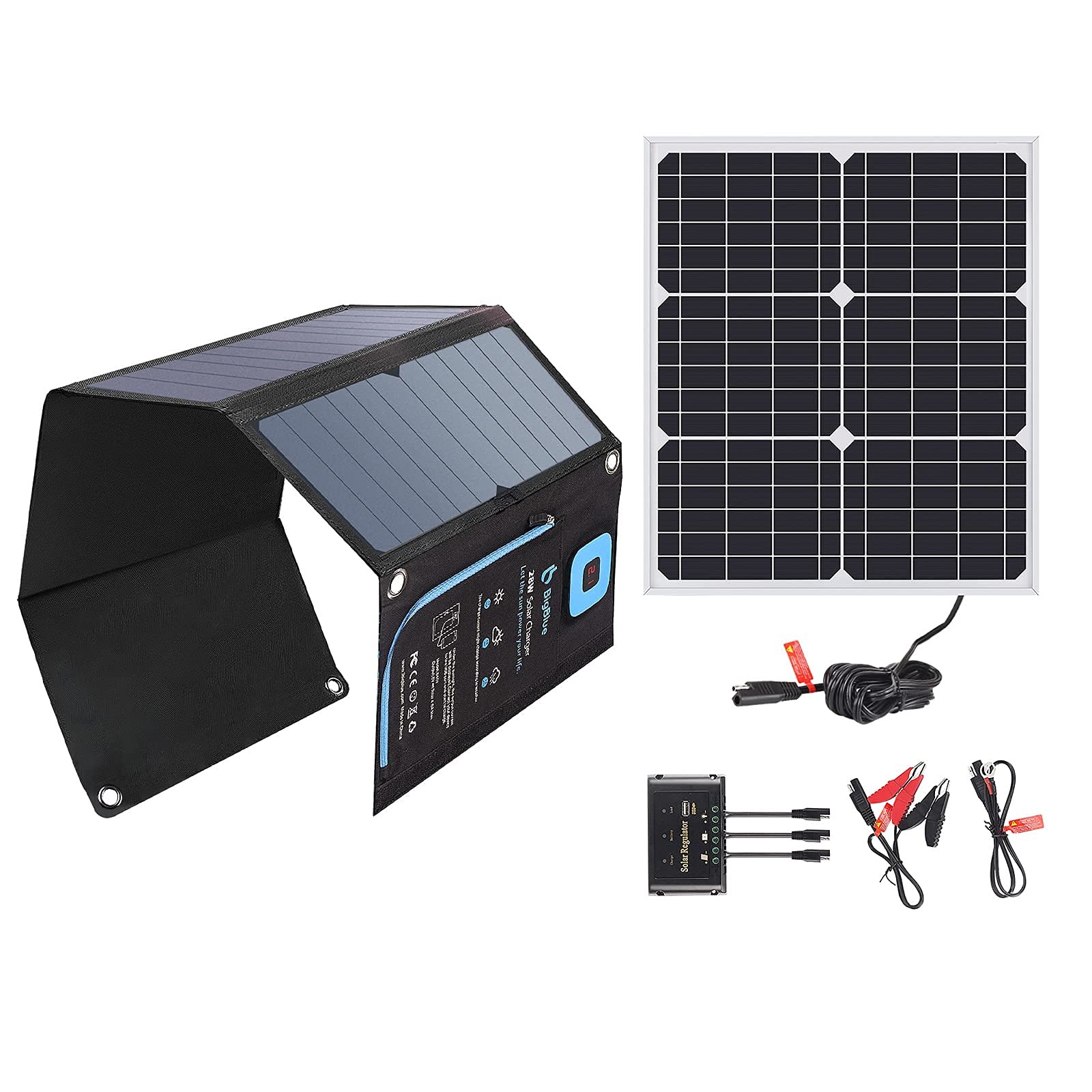 BigBlue 28W Portable Solar Charger with Digital Ammeter and BigBlue 20W Solar Panel Kit with Controller