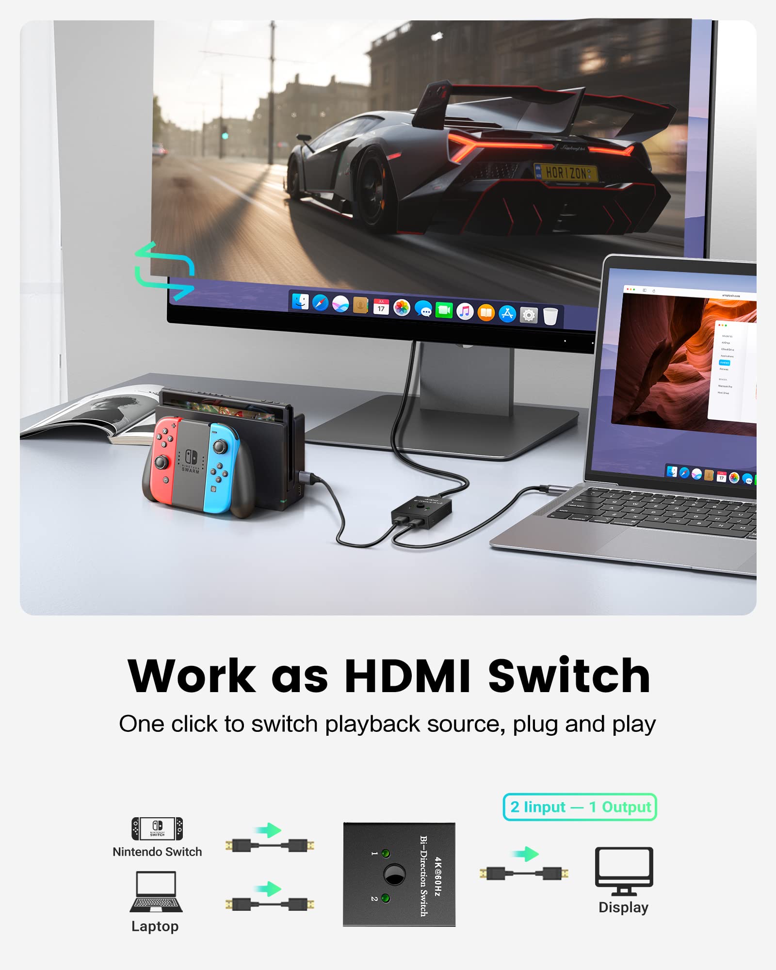 avedio links HDMI Switch 4K@60Hz HDMI Splitter, Bi-Directional HDMI 2.0 HDCP 2.2 Switcher 2 in 1 out, HDMI Splitter 1 in 2 out Support 3D HDR for Xbox PS5/4 Roku Fire Stick HDTV Monitor