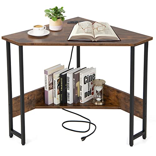 COSTWAY Corner Computer Desk, with USB Ports & Power Outlet, Storage Shelf for Small Space, Triangle Steel Frame Corner Desk for Home Office, Workstation (Rustic Brown)