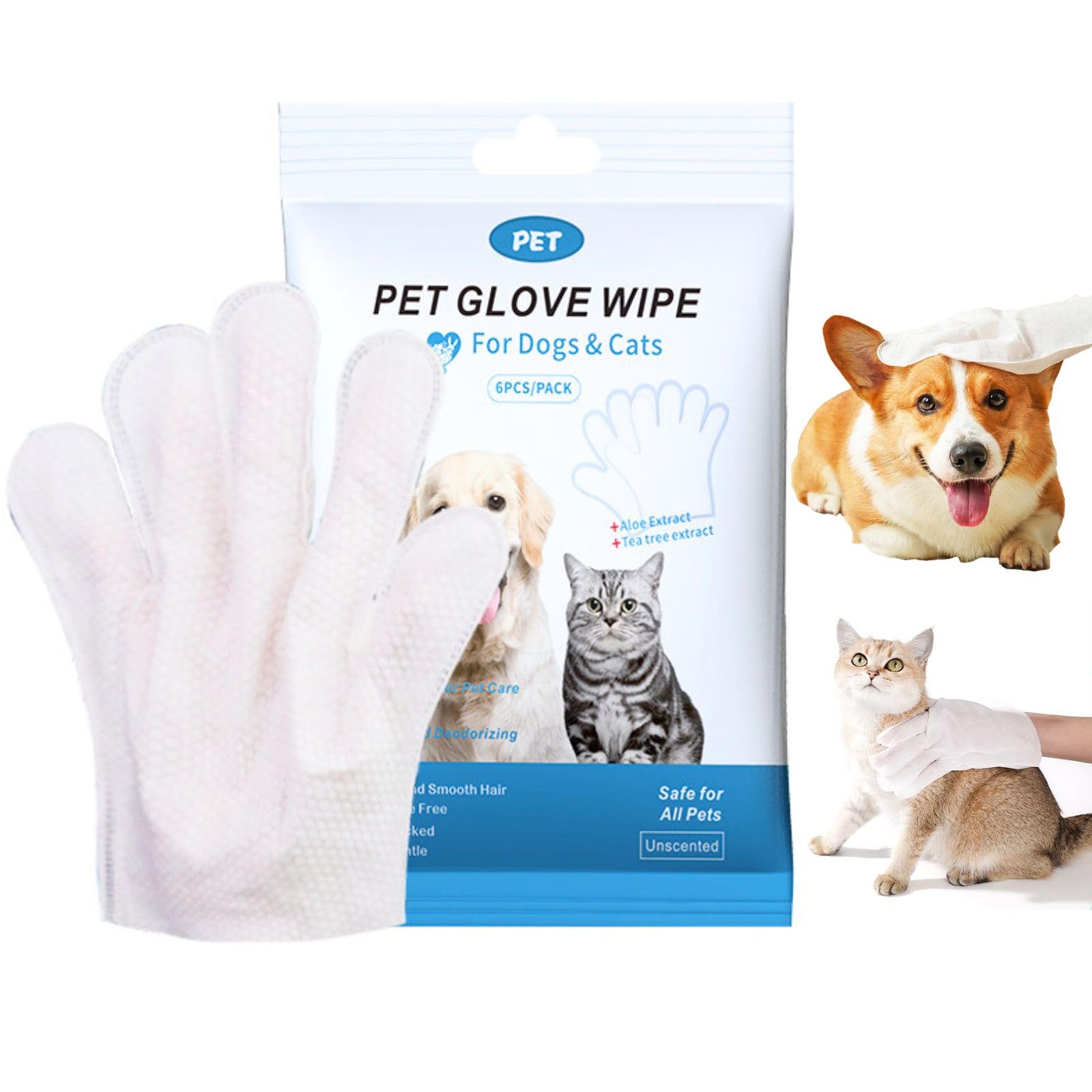 Pet Bath Wipes for Dogs and Cats 6 PCS,Dog wipes thickened material Cleaning Deodorizing Bathing Wipes Dog washing gloves Nourishing Grooming Fur,for Daily Care and Traveling Give your pet 6 baths!