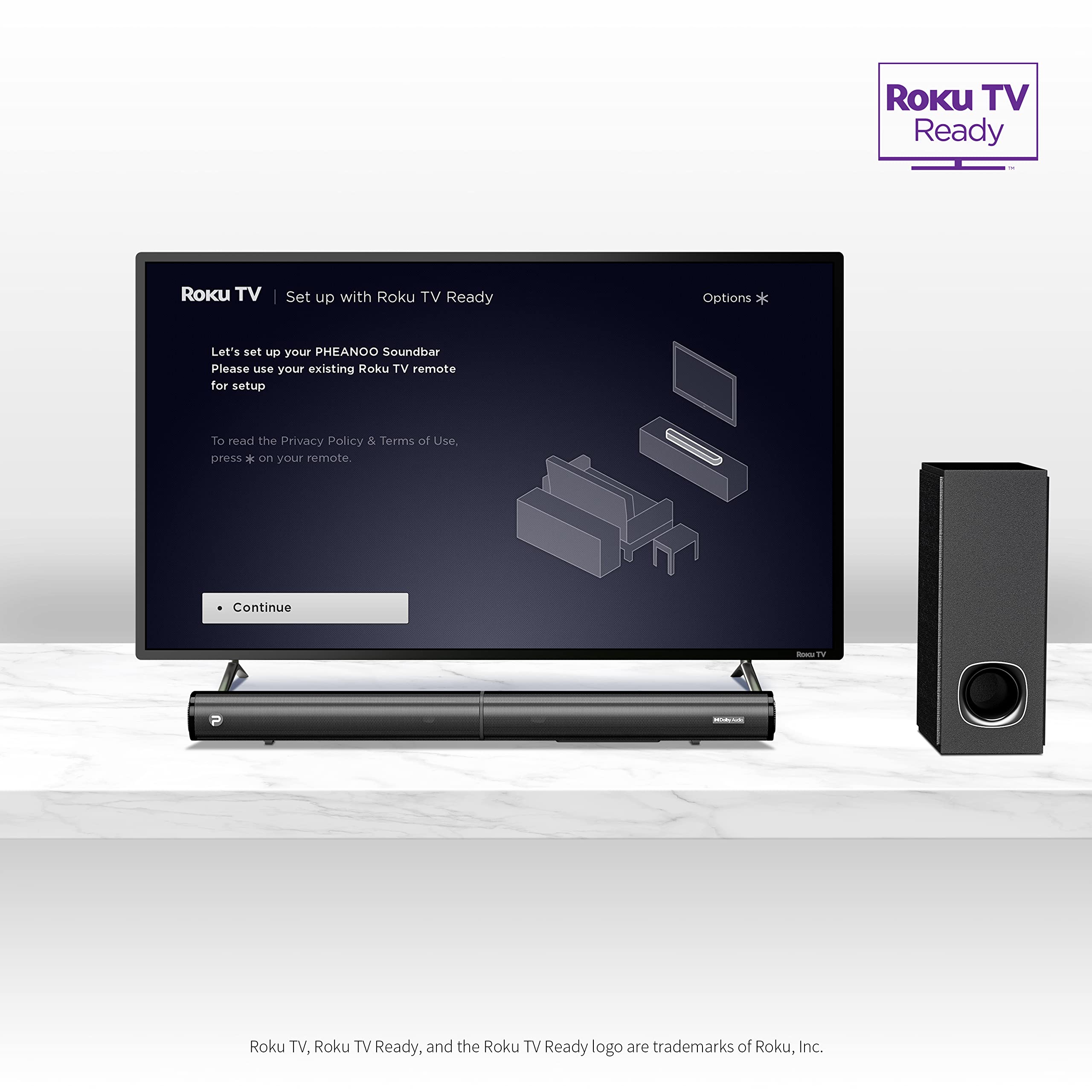 PHEANOO Sound Bar Compatible with Dolby Audio, Roku TV Ready, Sound Bars for TV with Subwoofer, Bluetooth 5.0/HDMI ARC/Optical/AUX/RCA Connection