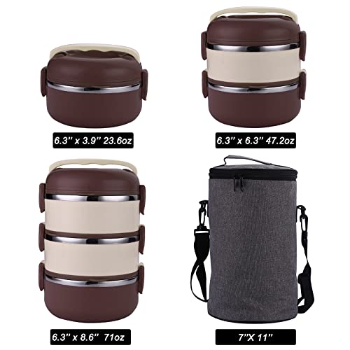 DILUOOU Stackable Lunch Box, 3 Tier Stainless Steel Thermal Lunch Box,Insulated Bento Lunch Box for Adult With Lunch Bag & Utensils (Brown)