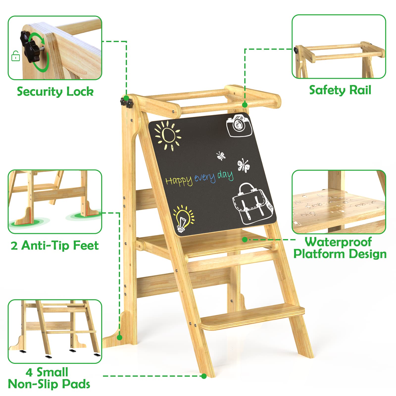 Toddler Tower Foldable - Kids Kitchen Step Stool with 3 Adjustable Heights & Safety Rail, Montessori Tower with Chalkboard for Learning, Standing Tower Helper Stool for Kitchen Counter Sink (Natural)
