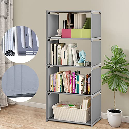 DOONARCES 4 Tiers Grey Bookcase Bookshelf Free Standing Book Toys Storage Rack Organizer Display Shelf Waterproof Metal&Woven Fabric Shelf for Study Room Bedroom Living Room 16 * 10 * 49in