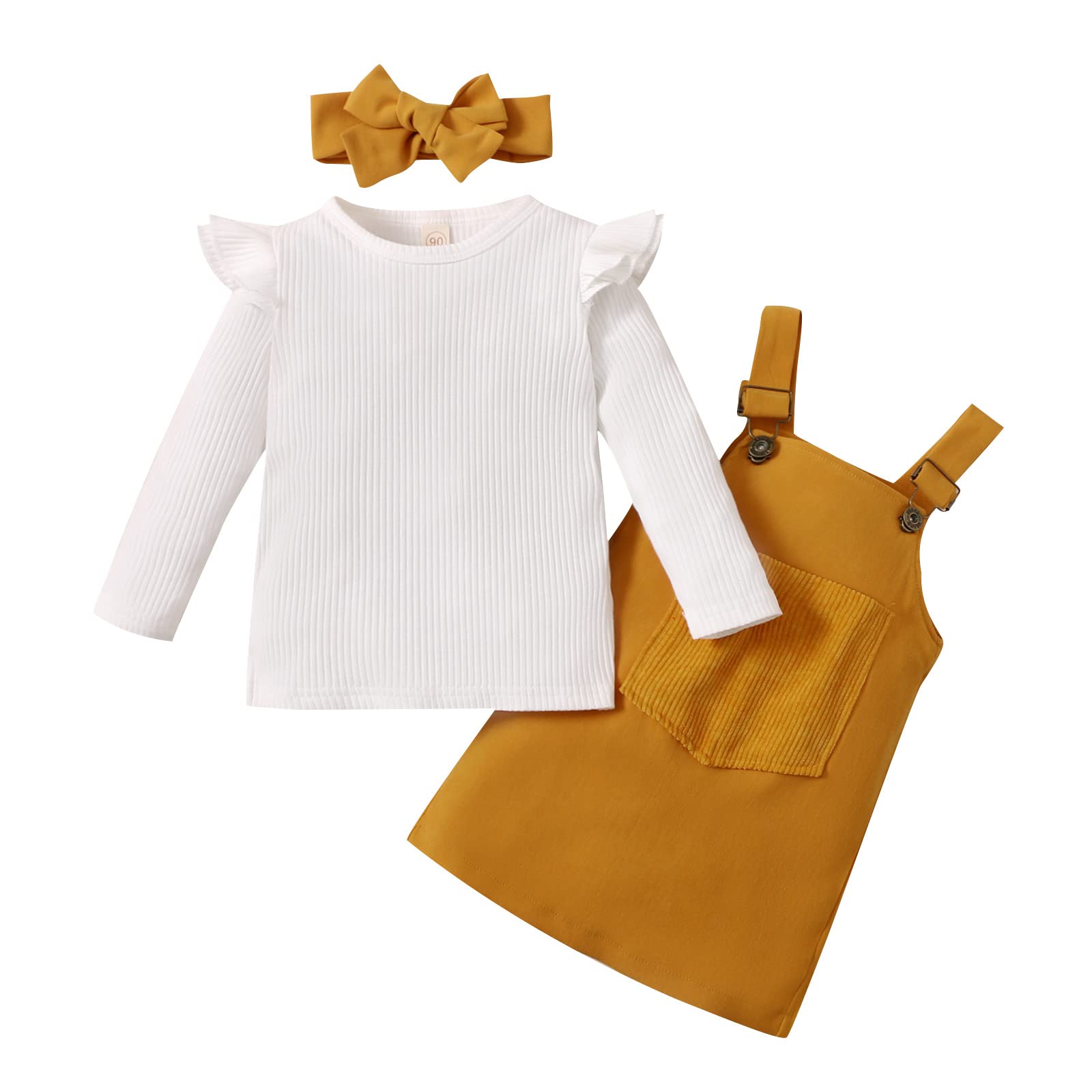 Fall Outfits for Girls Baby Knit Rib T-Shirt Top Kids Long Sleeve Suspenders Overalls Dress Skirt Headband Infant Toddler Winter Clothes Spring 1st Birthday Cake Smash Photo Shoot Pink 18-24 Months