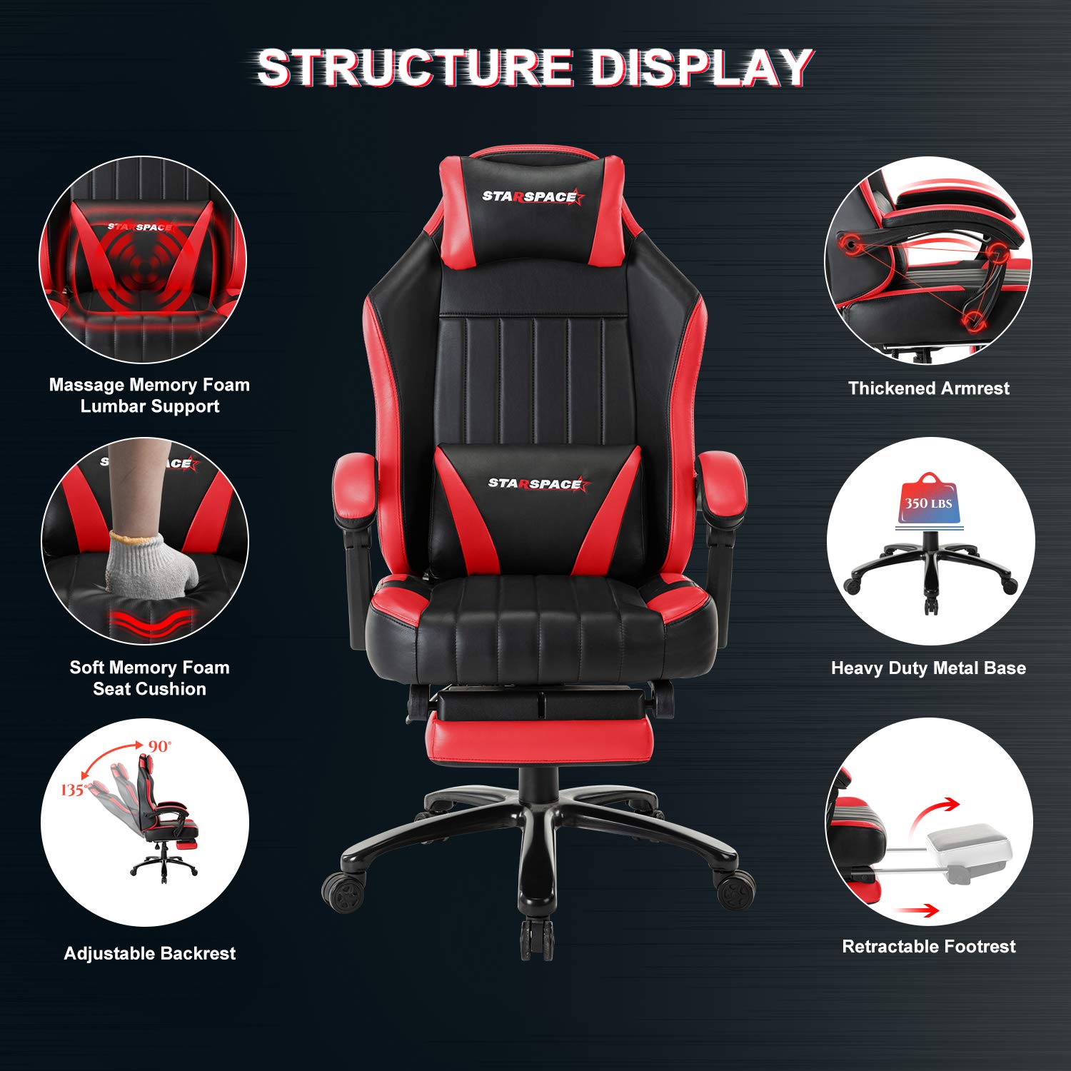 Big & Tall 350lb Memory Foam Reclining Gaming Chair Metal Base - Adjustable Back Angle and Retractable Footrest Ergonomic High-Back Racing Executive Computer Desk Office Chair (Blue)