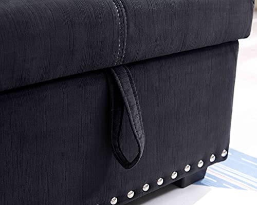 Cotoala 91" 91'' Velvet Reversible Sleeper Sectional Sofa, L-Shape 3 Seat Convertible Couch with Storage and Pull Out Bed, Button Tufted Nail Head Trim, Living Room Furniture, Black