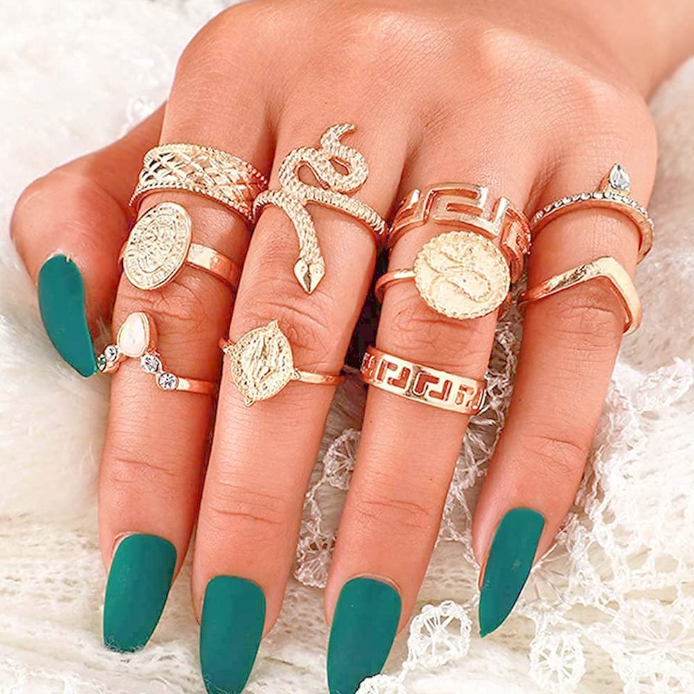 AWEOFR 59PCS Knuckle Rings Set for Womens Girls,Boho Stackable Midi Finger Ring Set,Stars Moon Waves Mountain Peaks Crystal Turquoise Gold&Silver Joint Rings (Gold-59pcs)