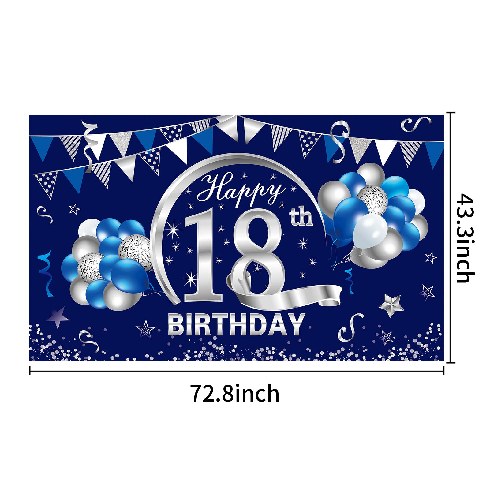 Blue Silver 18th Birthday Banner Decorations for Men Boy - Happy 18 Birthday Backdrop Party Supplies - Eighteen Birthday Poster Photo Props Background Sign
