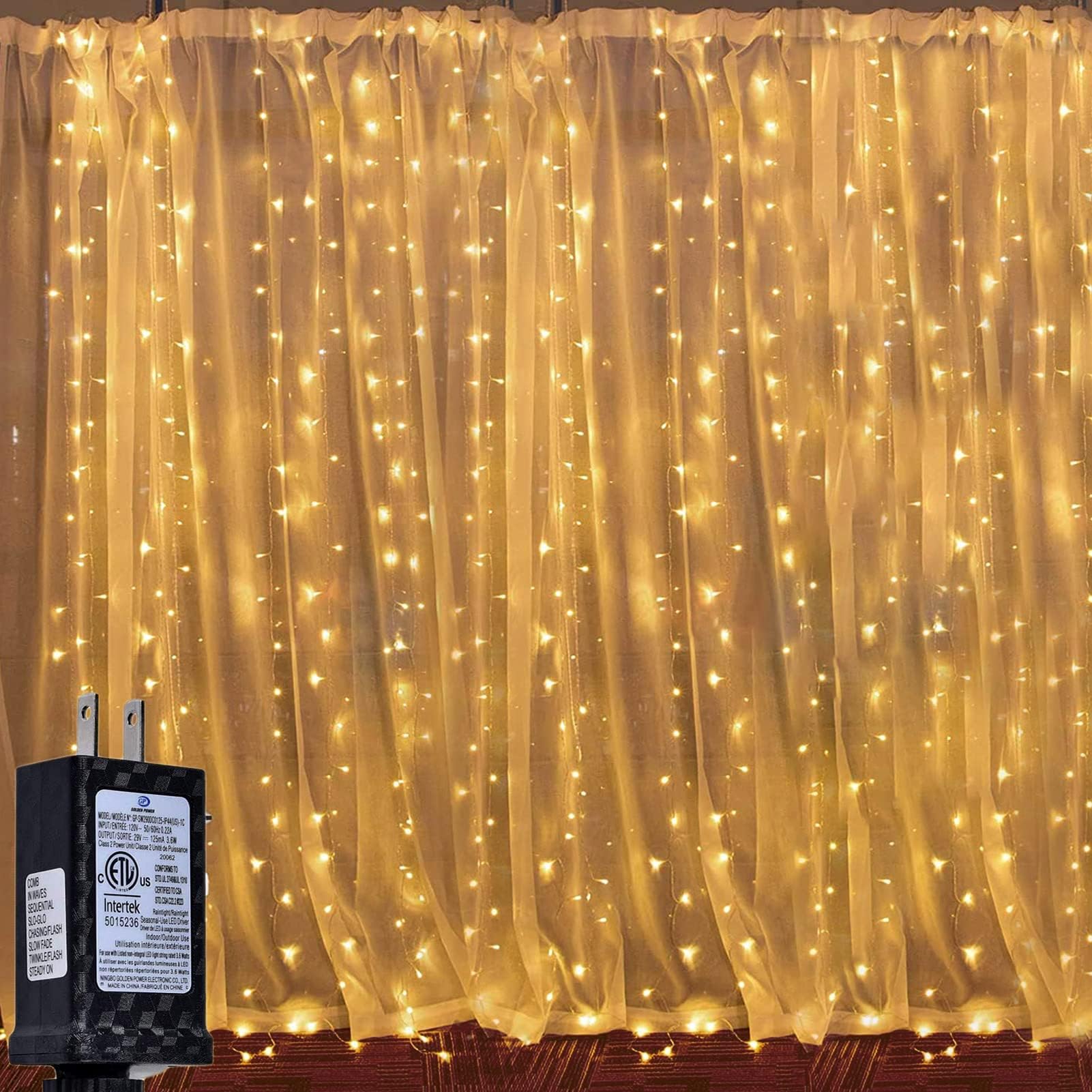 LED Curtain Lights, 8 Modes Warm White Window String Lights Wall Decorations for Bedroom Christmas Decor, Room, Party, Garden