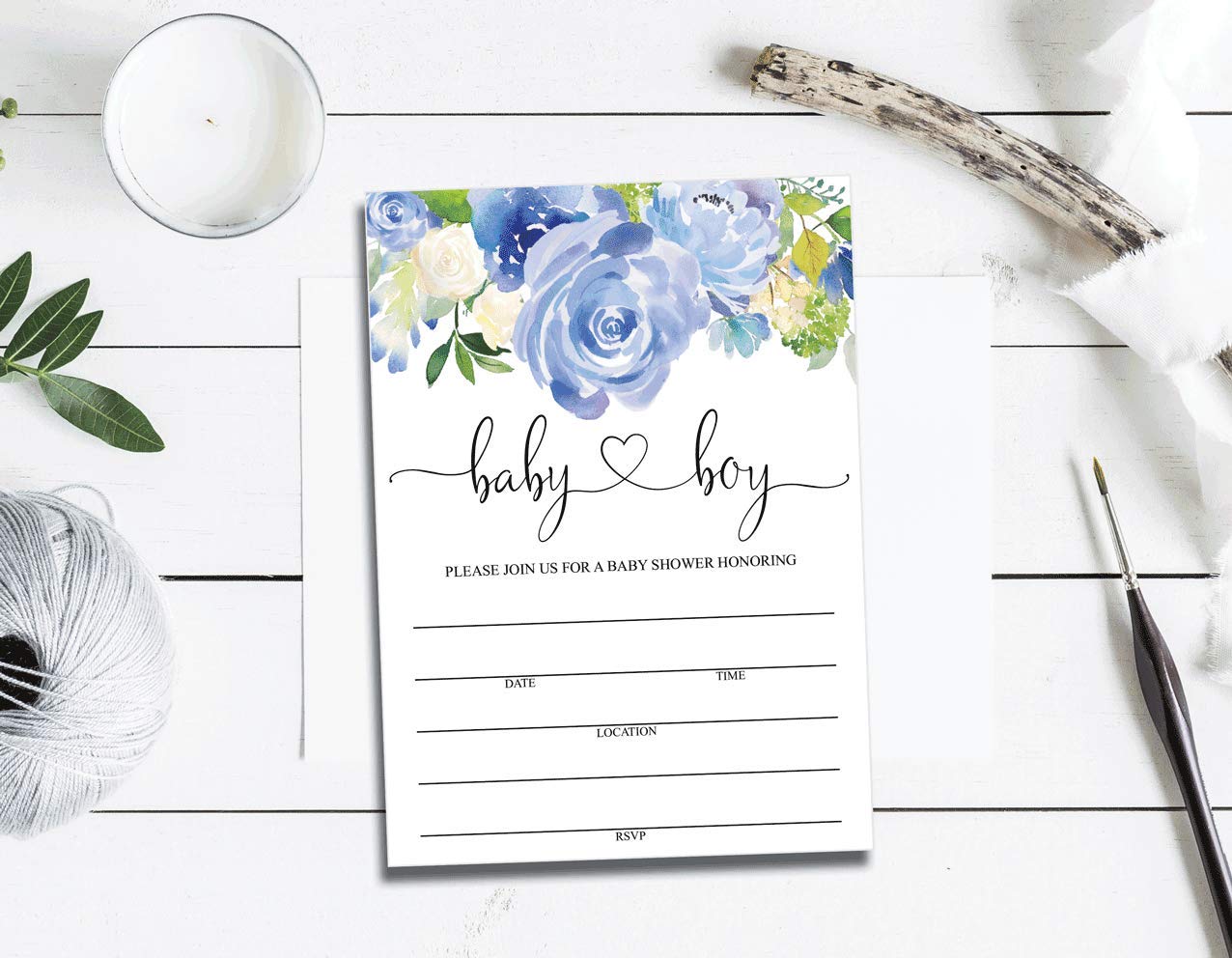 All Ewired Up 50 Blue Floral Baby Shower Invitations with Envelopes (Large Size 5x7) Boy Baby Shower Invite (5X7 Large)