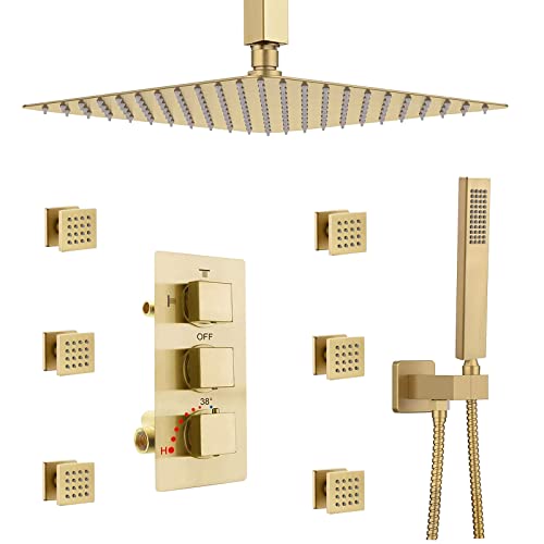 Brushed Gold Rain Shower System - 16 inch Ceiling Square Rainfall head with Handheld Spray and Full Body Massage Multi Jets Thermostatic Brass Valve Kit, Faucets Sets Complete Combo